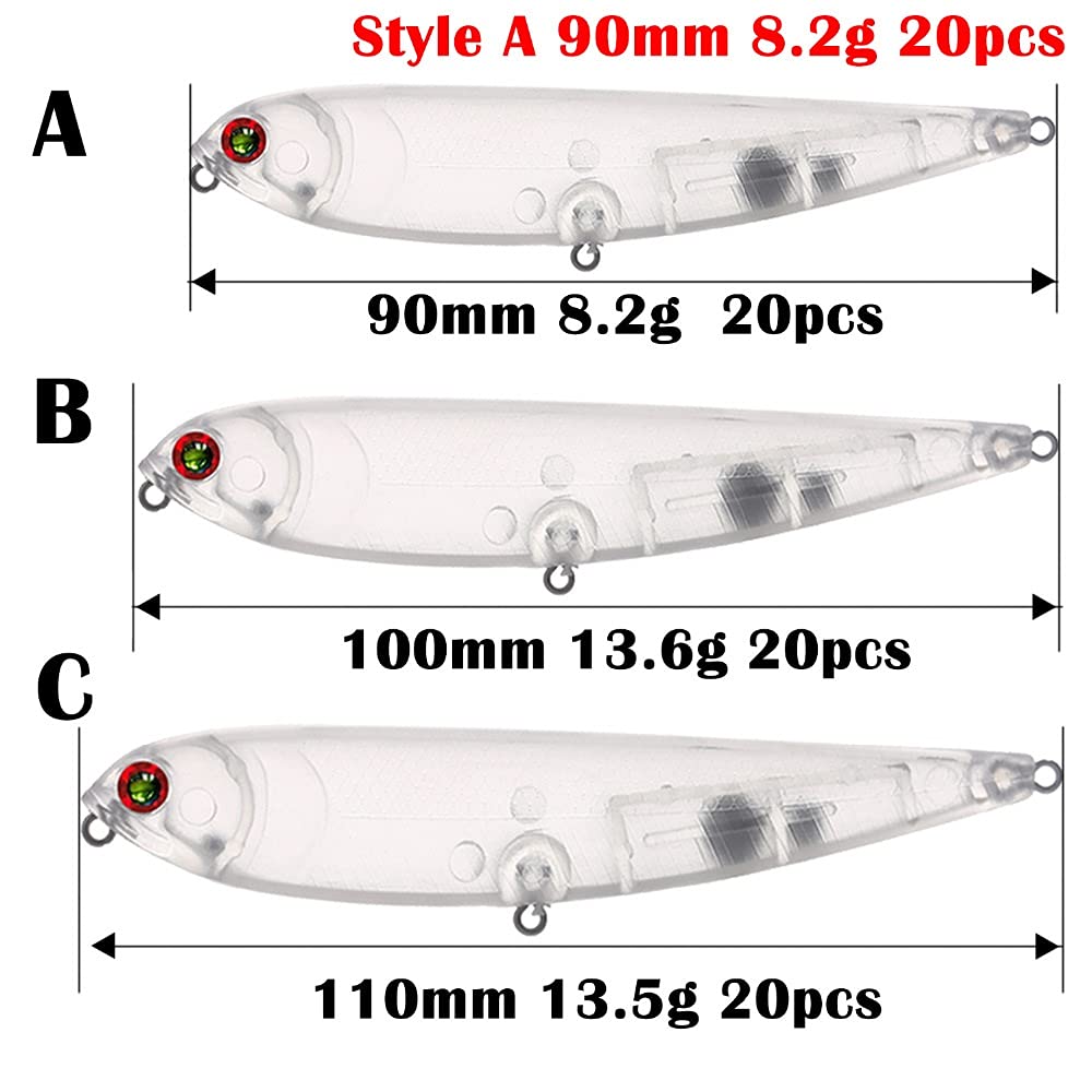 LHLLHL 20pcs/Set Unpainted Lures Fishing DIY Blank Clear Artificial Hard Plastic Pencil Baits 90mm 100mm 110mm with 5mm 3D Fish Eyes (Size : 110mm 13.5g)