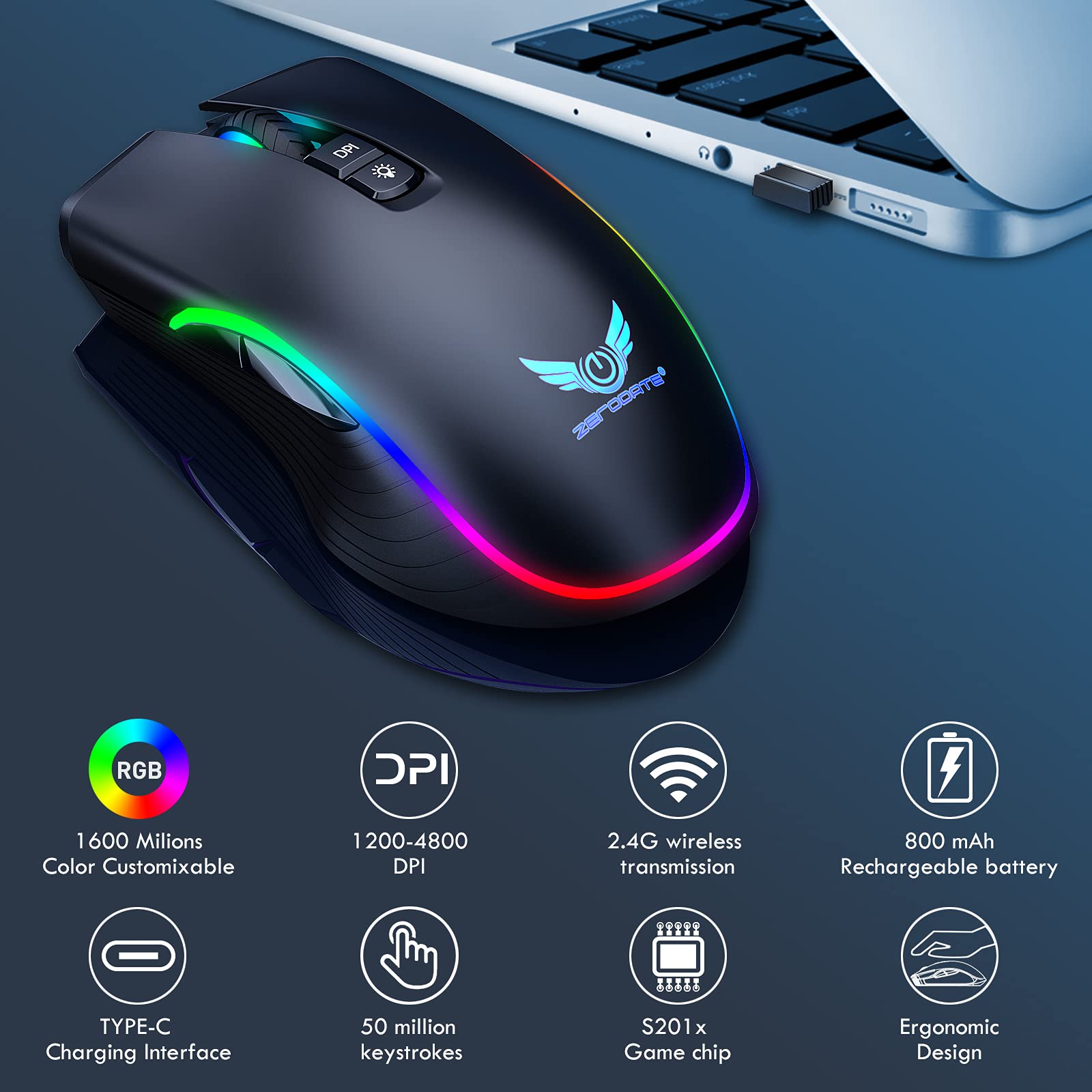 HETOETF Rechargeable Wireless Gaming Mouse, RGB LED Backlit Mouse with 4 Adjustable DPI, 7 Button, 2.4G USB Optical Gaming Ergonomic Computer Mice for Laptop PC Gamer Computer Desktop (Black)