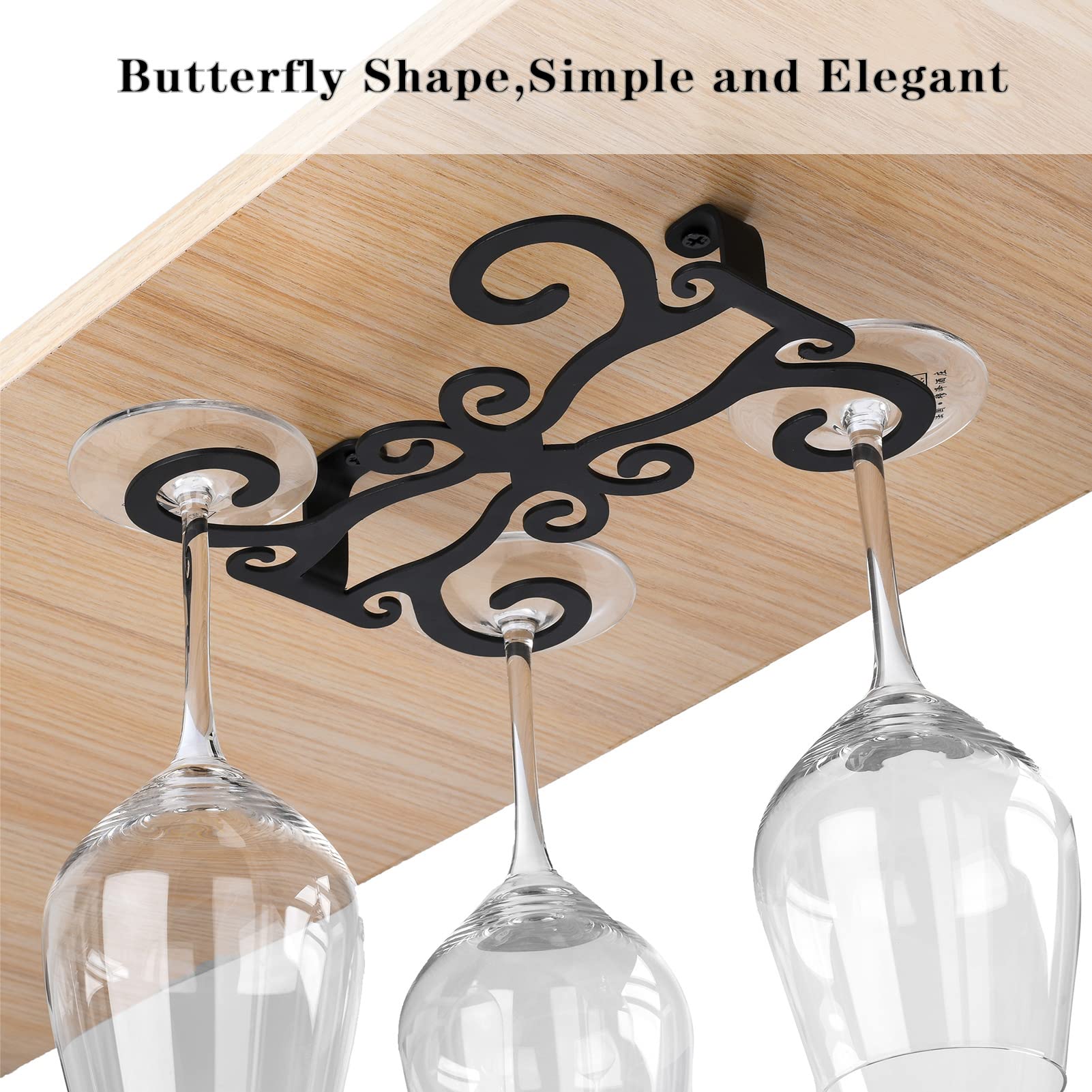 MANLUYEE SNKINE Hanging Wine Glass Rack - Butterfly Stemware Racks Under Cabinet Wine Glasses Holder Shelf Black Iron 7.87" Storage Hanger for Bar Kitchen (1 Packs)