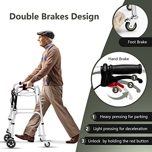 Goplus Walkers for Seniors, 4-in-1 Folding Walker with 5ββ Wheels, Detachable Seat, Height Adjustable Stand Up Walker, Medical Walking Mobility Aid, 350lbs Rolling Walker for Adult Bariatric Handicap