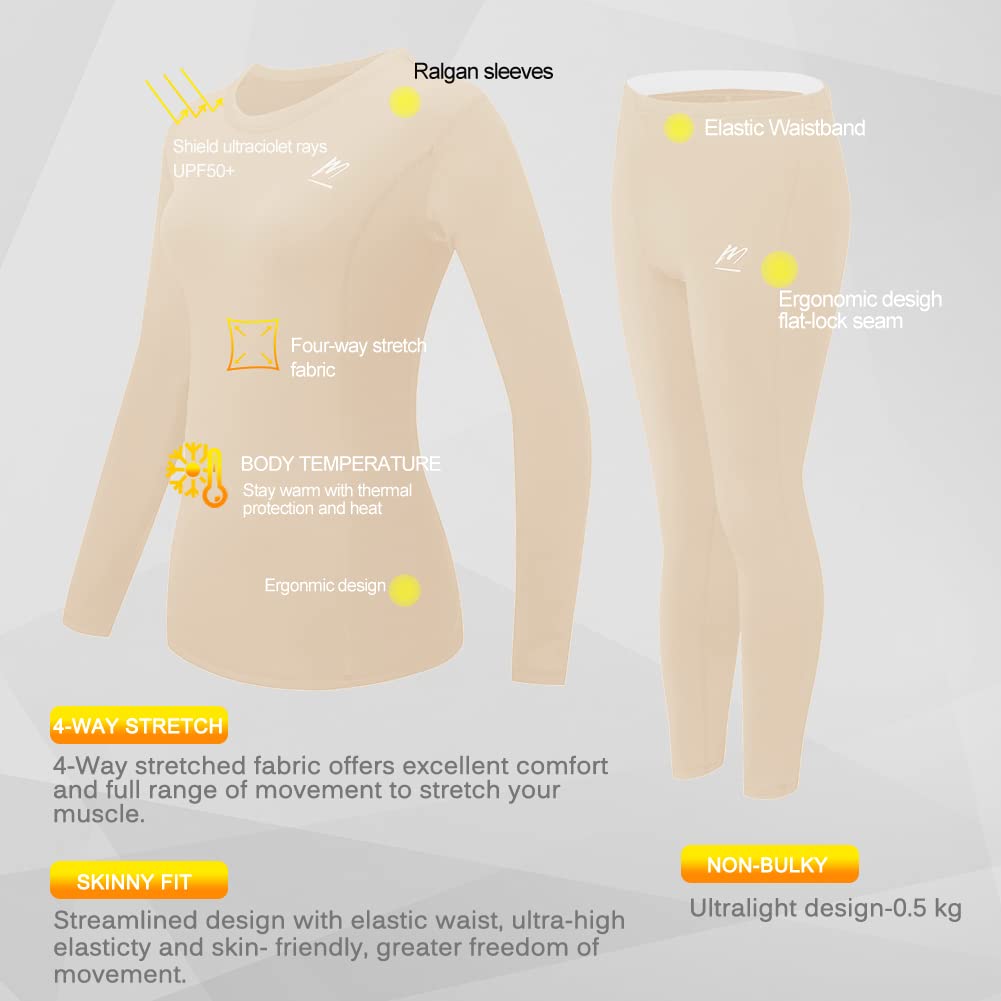 MeetHoo Thermal Underwear for Women, Winter Warm Base Layer Compression Set Fleece Lined Long Johns, Complexion, Small