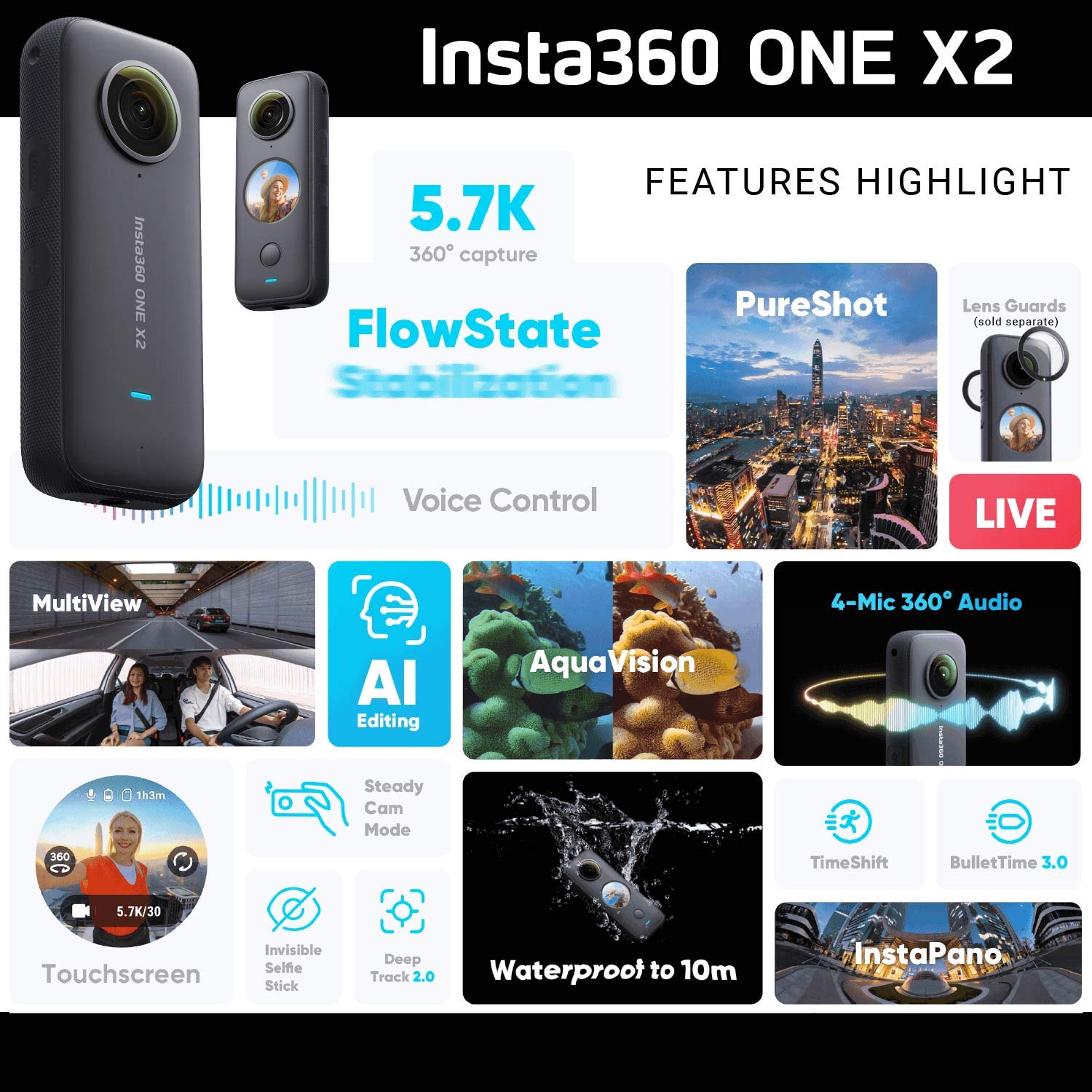 Insta360 ONE X2 360 Camera with Touchscreen - 5.7K30 360 Video, Front Steady Cam Mode, 18MP 360 Photo + InstaPano | Bundle Includes Invisible Selfie Stick 120cm (2 Items)