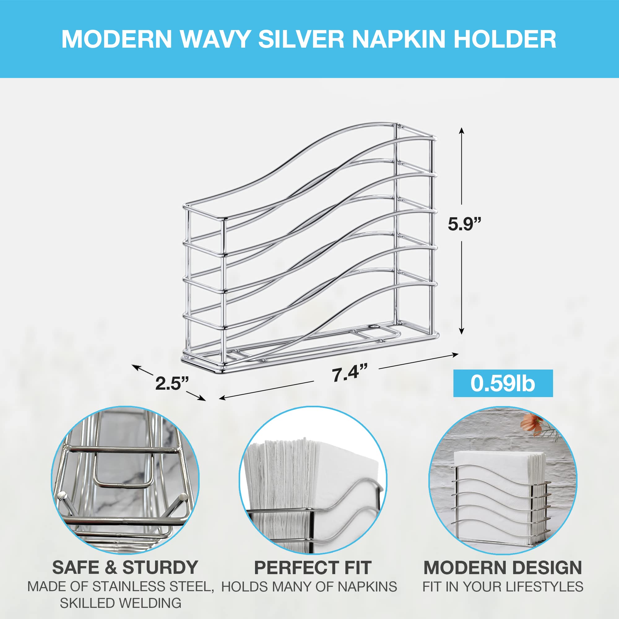 LEVIMETREE Silver Napkin Holder - Napkin Holders for Tables Modern Serviette Holder Tissue Dispenser Perfect for Outdoor Events - Decorative Clear Cocktail Napkin, servilleteros para mesas
