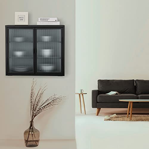 HomSof Haze Double Glass Door Wall Cabinet with Detachable Shelves for Office, Dining Room,Living Room, Kitchen and Bathroom, Black