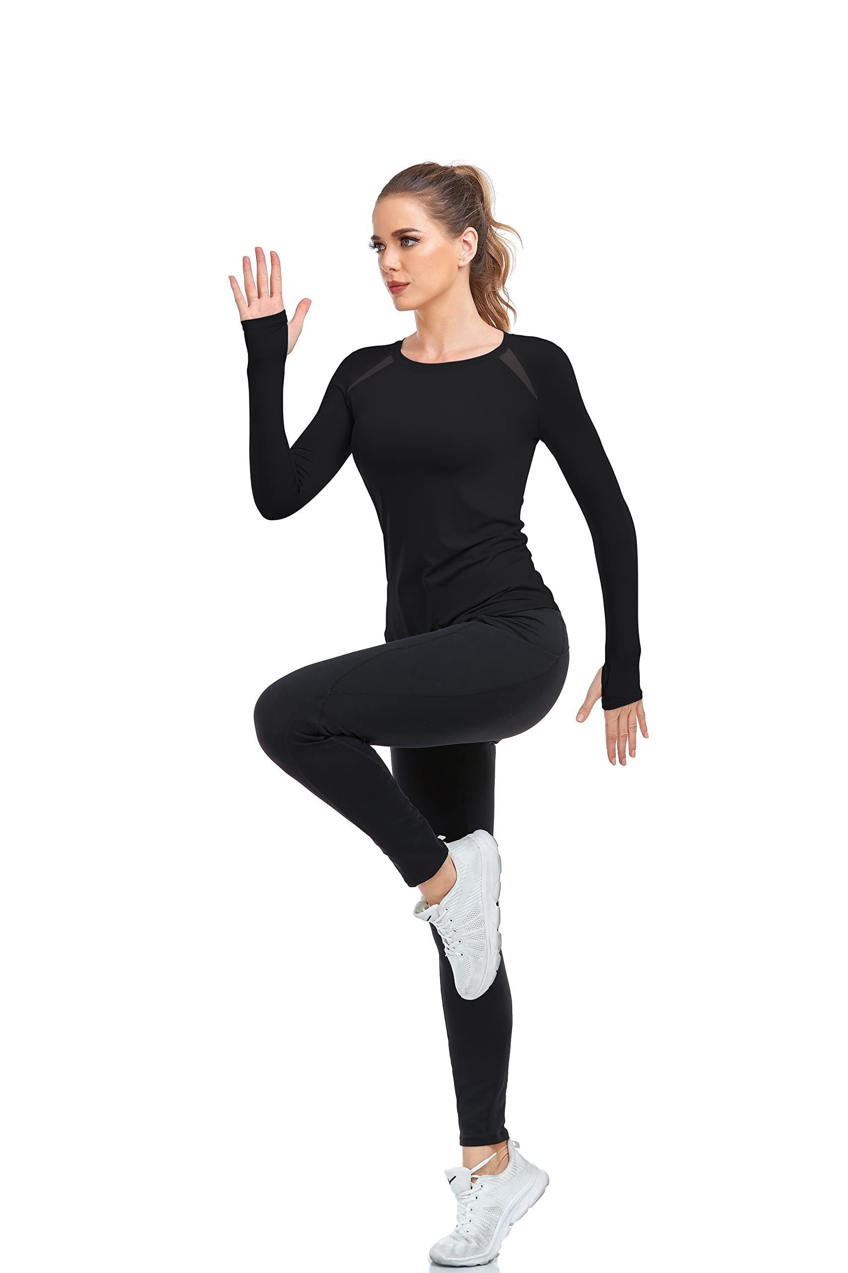 Jusfitsu Long Sleeve Workout Shirts for Women Stretchy Athletic Tshirts Slim Fit Breathable Running Tops Mesh Back L Black
