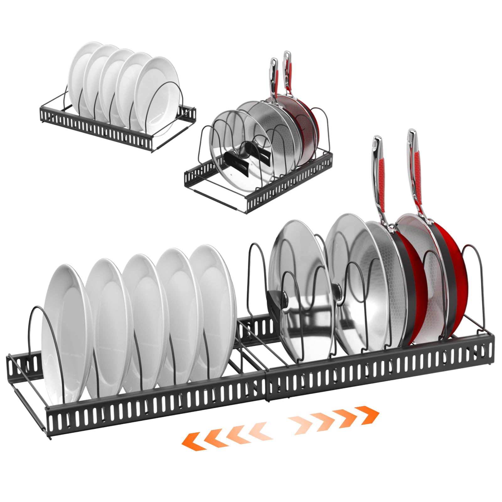 iHeartYard Pot and Pan Organizer for Cabinet, Length Adjustable Pan Rack with 12 Adjustable Compartment, Kitchen Cabinet Organizer for Cutting Board, Cast-iron Pan, Heavy Cookware