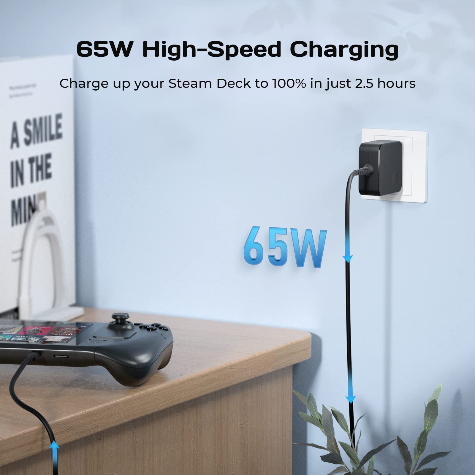 MEPATEM 65W Fast Charger for Steam Deck with Foldable Plug and 6 FT Power Cord, USB C PD 3.0 AC Adapter for Nintendo Switch/Switch Lite/PS5/Xbox