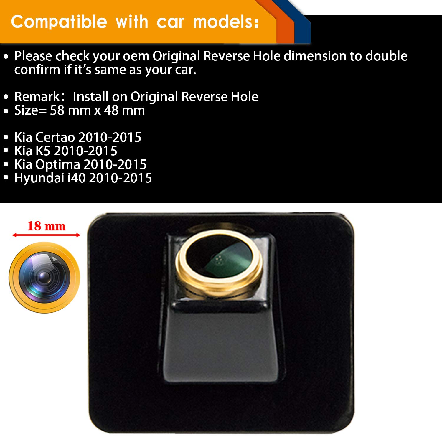 HD 1280x720p Rear Reversing Backup Camera Rearview License Plate Camera Night Vision Ip69k Waterproof for Kia Certao/Optima/K5 Hyundai i40 Sedan (Reverse Hole Replacement Camera )