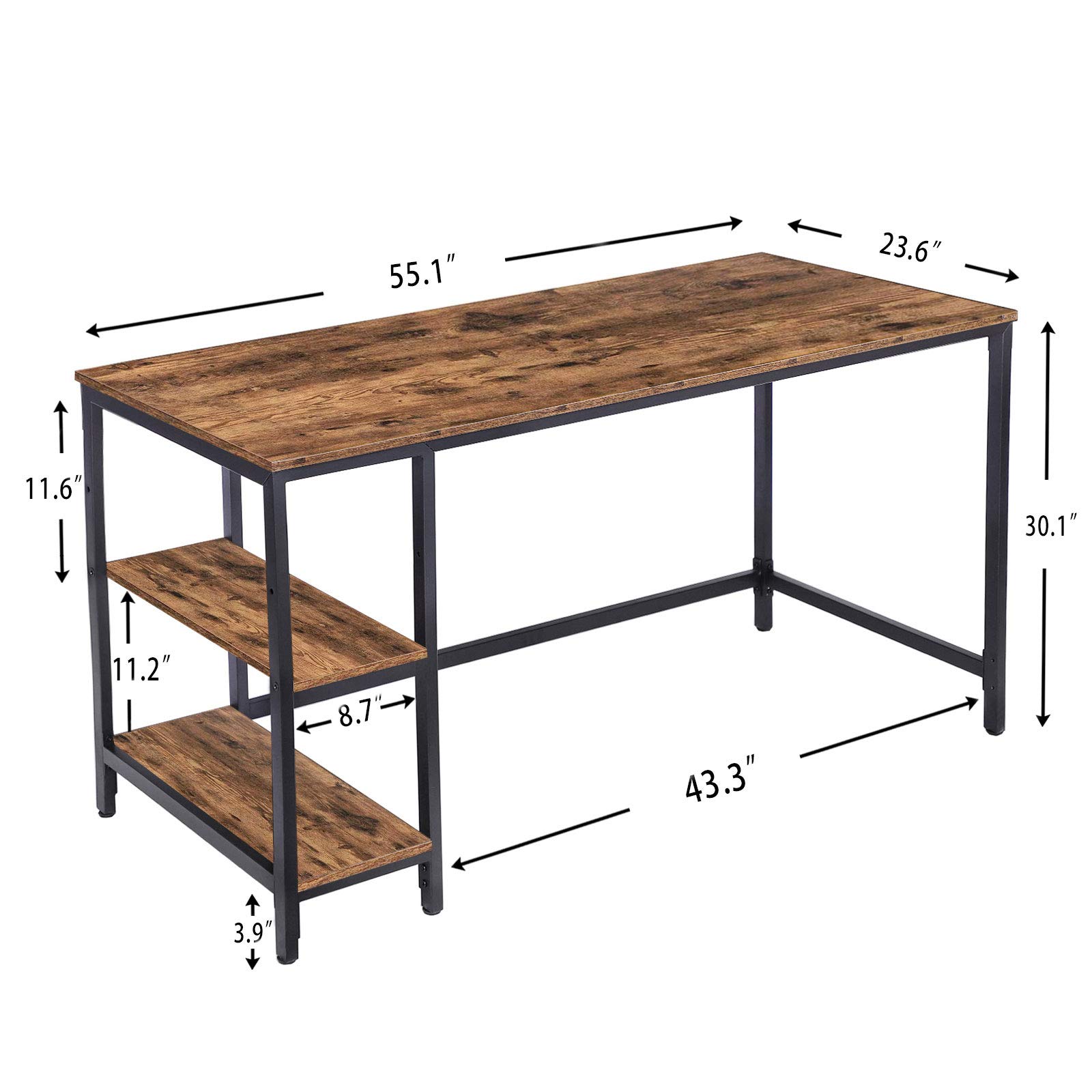 HOOBRO Computer Desk, 55.1 Inch Writing Desk with Adjustable Shelf on Left or Right, Office Study Desk for Laptop, Sturdy Metal Frame, for Home Office, Easy Assembly, Rustic Brown and Black BF60DN01