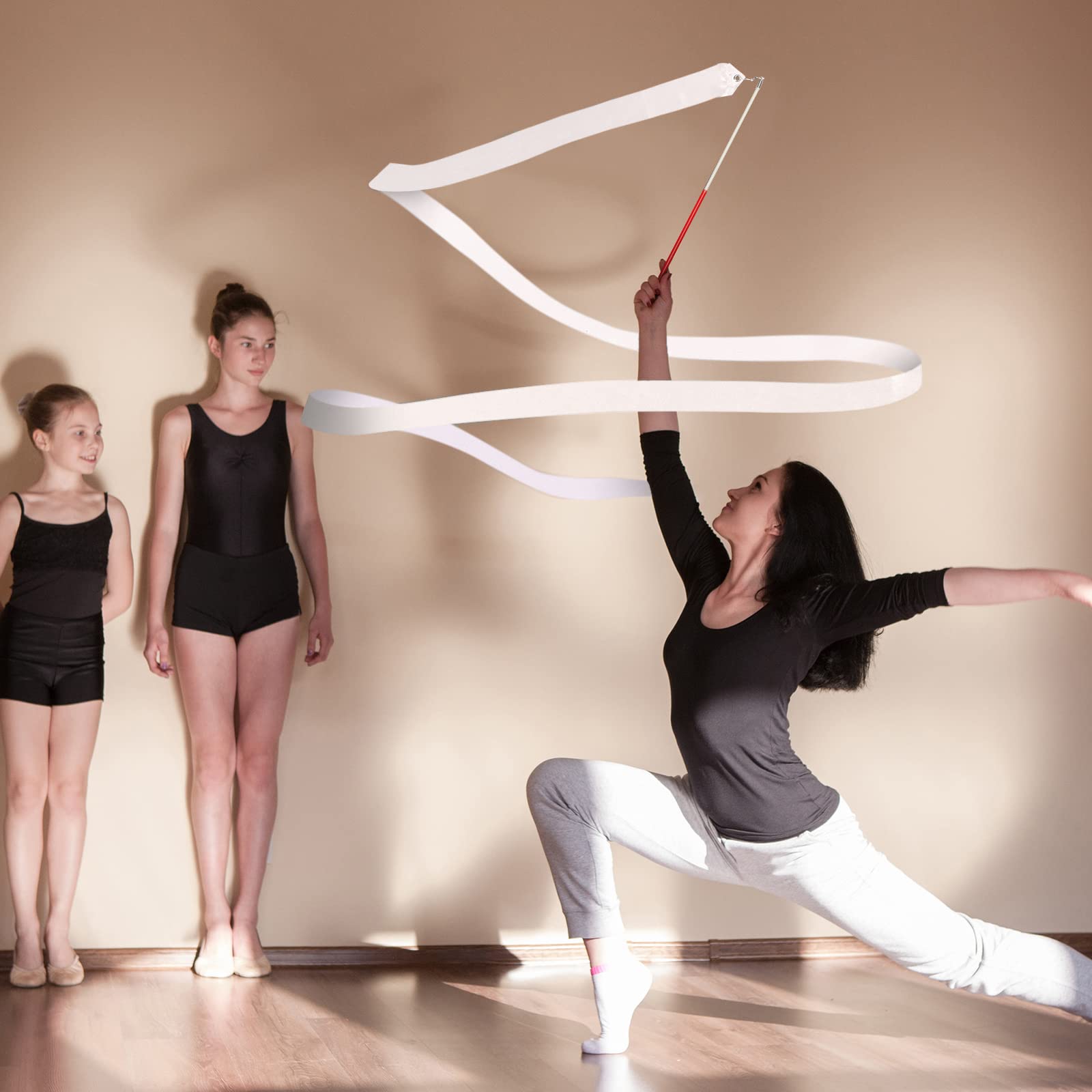 HyDren White Gymnastics Ribbon Sticks 4 Pieces Rhythmic Dancing Streamers Praise Ribbon Dancer Wand Twirling Baton for Adults Kids Ribbon Streamers for Talent Shows Artistic Dancing(White,4 Pieces)