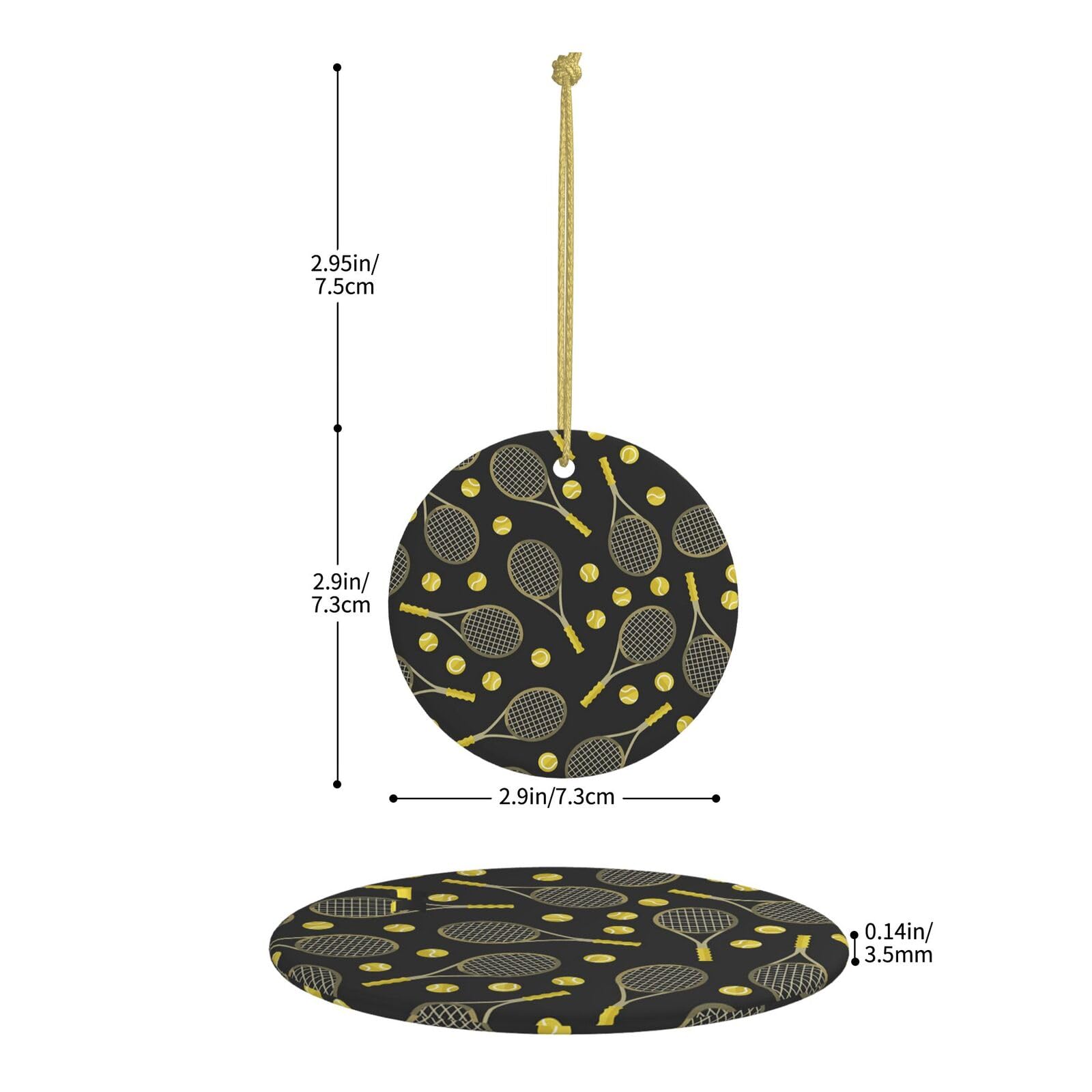 Funny Tennis Racquets and Tennis Balls Print Christmas Tree Ceramic Hanging Round Shaped Xmas Tree Pendants Gatherings Party Deco