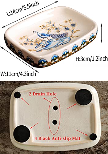 Kelake Ceramic Soap Dish, Ice Crack Ceramic Peacock and Flower Soap Dish Holder for Bathroom, Creative Porcelain Shower Soap Tray Box Bath Accessories with Two Drain Holes
