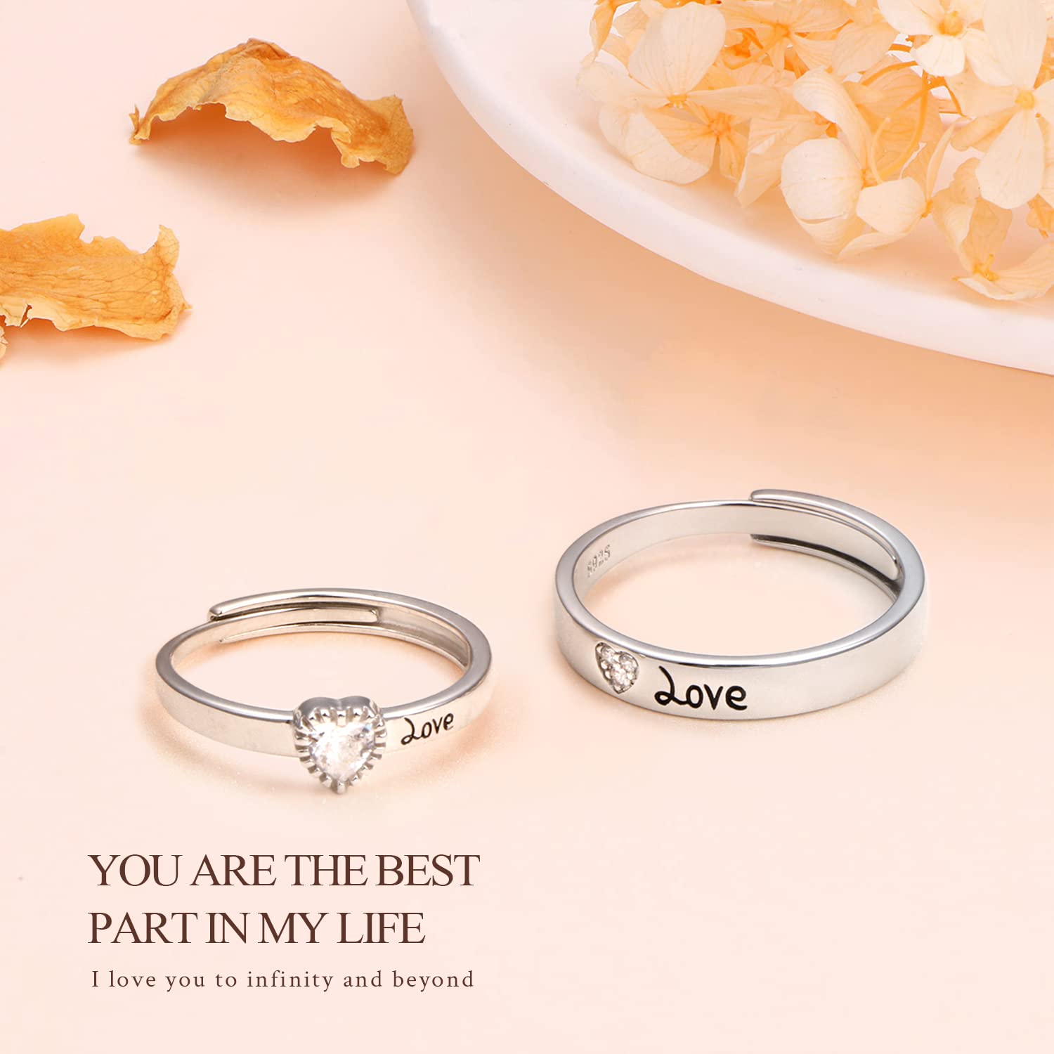 Heart Promise Rings for Couples I Love You 2PCS 925 Sterling Silver Adjustable Matching Rings for Couples His and Her Wedding Rings Set
