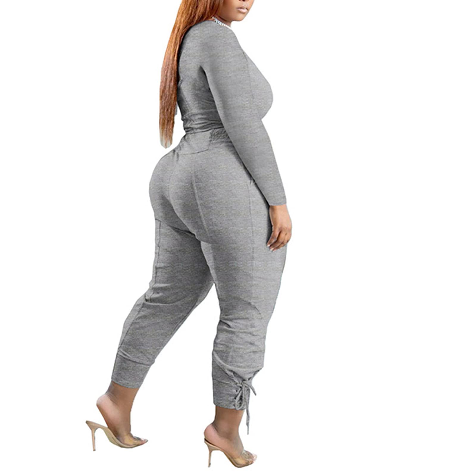 IyMoo Women Plus Size 2 Piece Sweatsuit Outfits Long Sleeve V Neck Crop Top + High Waisted Leggings Jogger Set Gray 4X