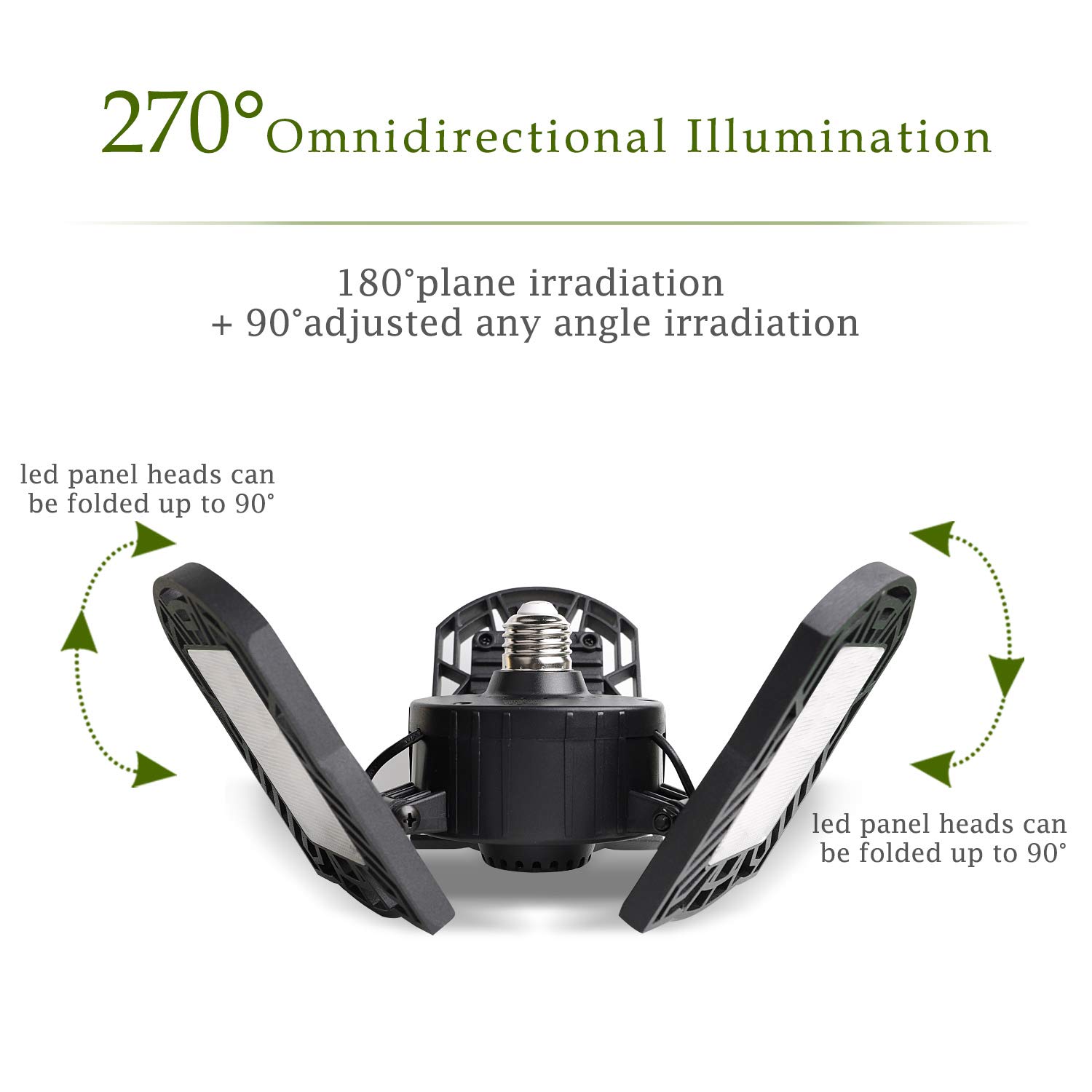 HANJION Garage Light LED Garage Light E26/E27 Garage Lights 100W Deformable LED Garage Lighting with 3 Adjustable Panels 6000K Daylight White , 10000LM LED Shop Lights for Garage, Barn, Shop