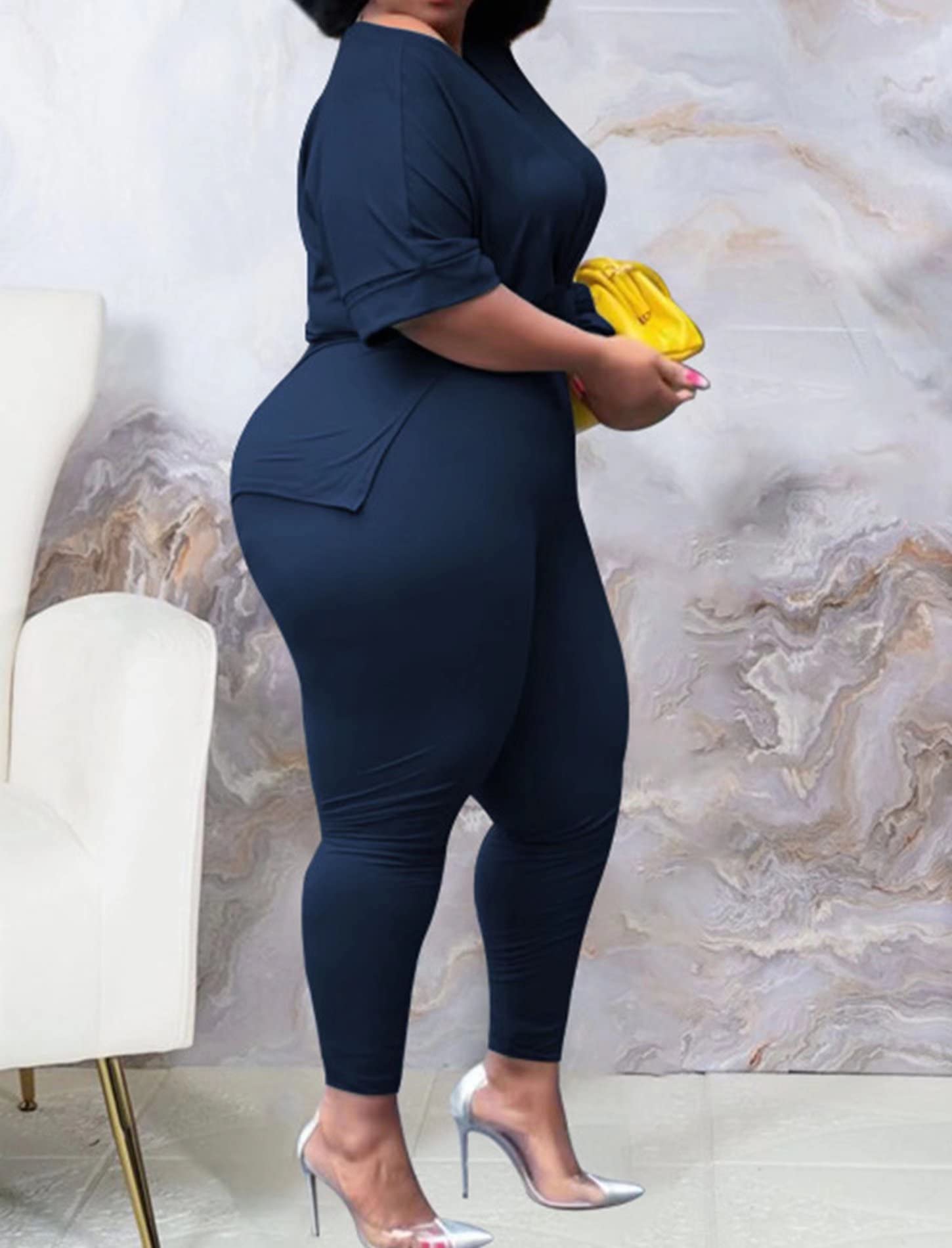 IyMoo Women's Plus Size 2 Piece Outfit - Casual Short Sleeve V Neck T-Shirts Workout Tracksuit Bodycon Pants Set Jumpsuit Rompers Navy Blue XL