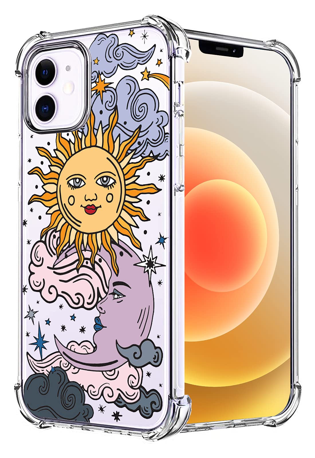 HEYORUN Sun Moon Design Clear Case Compatible for iPhone 12 Pro and iPhone 12, Star Cloud Girls and Women Back Case Cover, Cute Cartoons Transparent Soft TPU Bumper Shockproof Protective Phone Case
