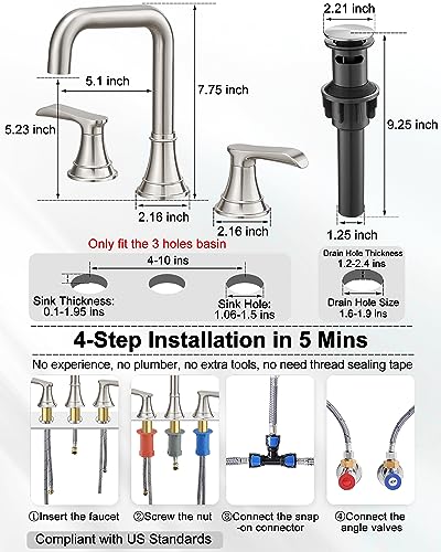 HOIGY Brushed Nickel Pull Down Kitchen Faucet and Bathroom Sink Faucet Set, 3-Function Pull-Out Kitchen Faucets with Deck Plate, 3 Hole Widespread Bathroom Sink Faucet with Pop-up Drain