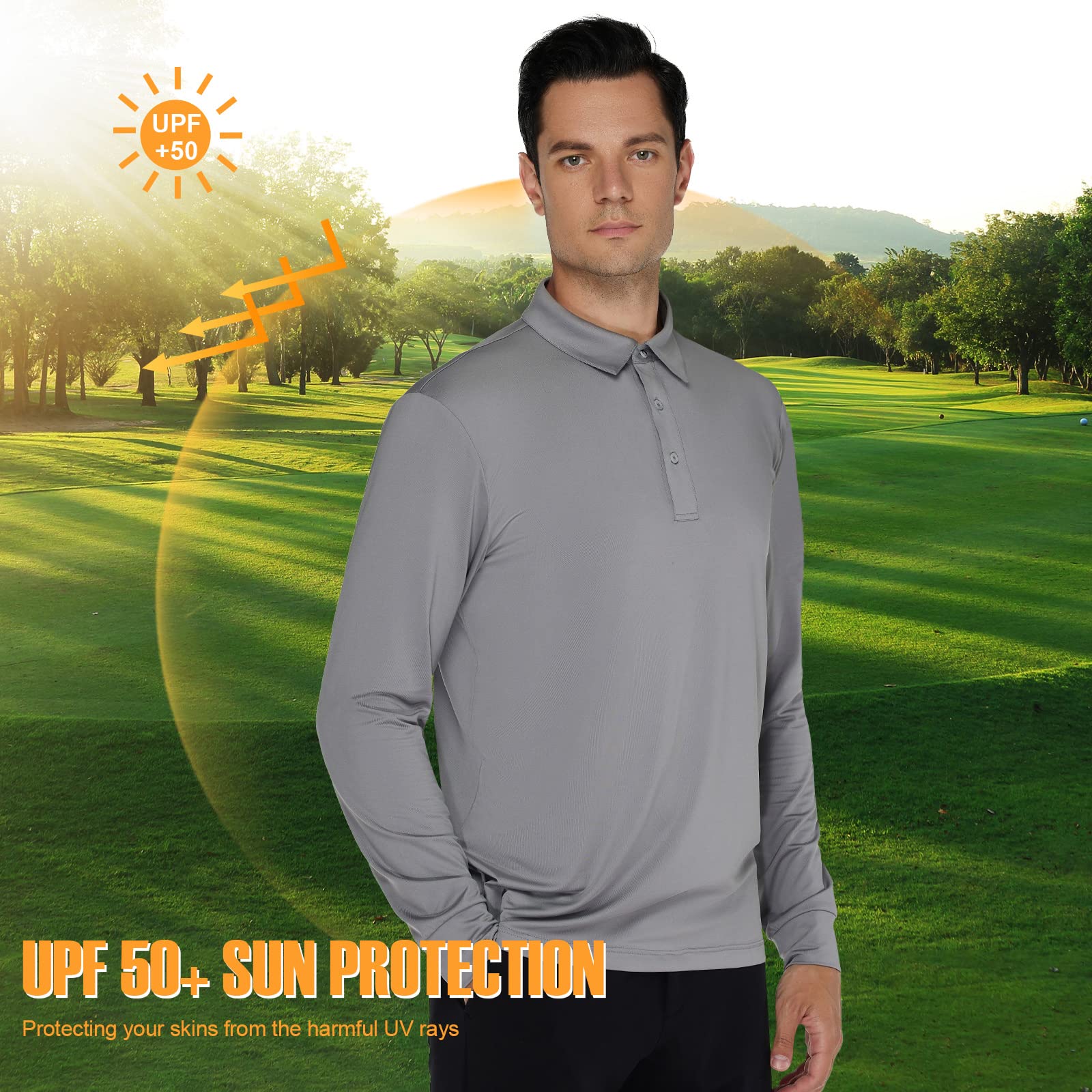 Long Sleeve Polo Shirts for Men Dry Fit Performance Mens Tactical Golf Polo Quick Dry Moisture Wicking 3 Button Closure Black XL