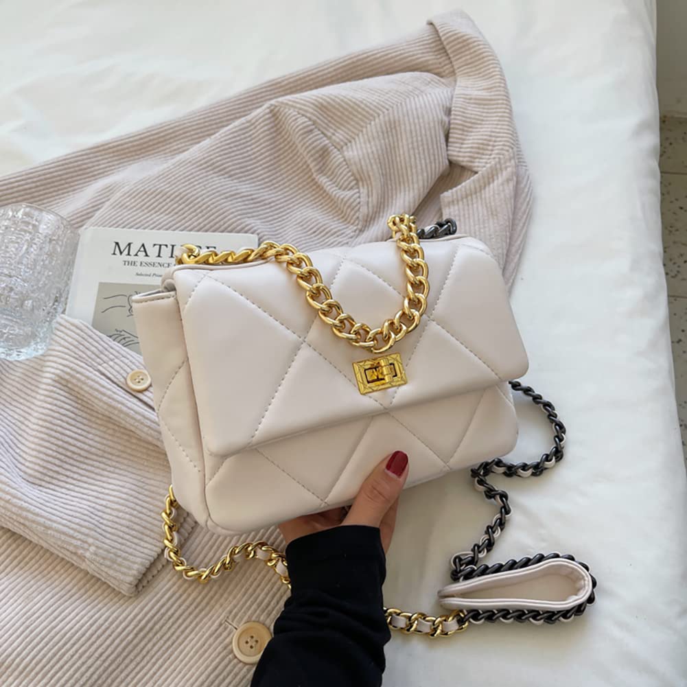 JRNDNIUO Small Quilted Crossbody Bag for Women White Shoulder Bag Trendy Designer Handbag Purses with Gold Chain