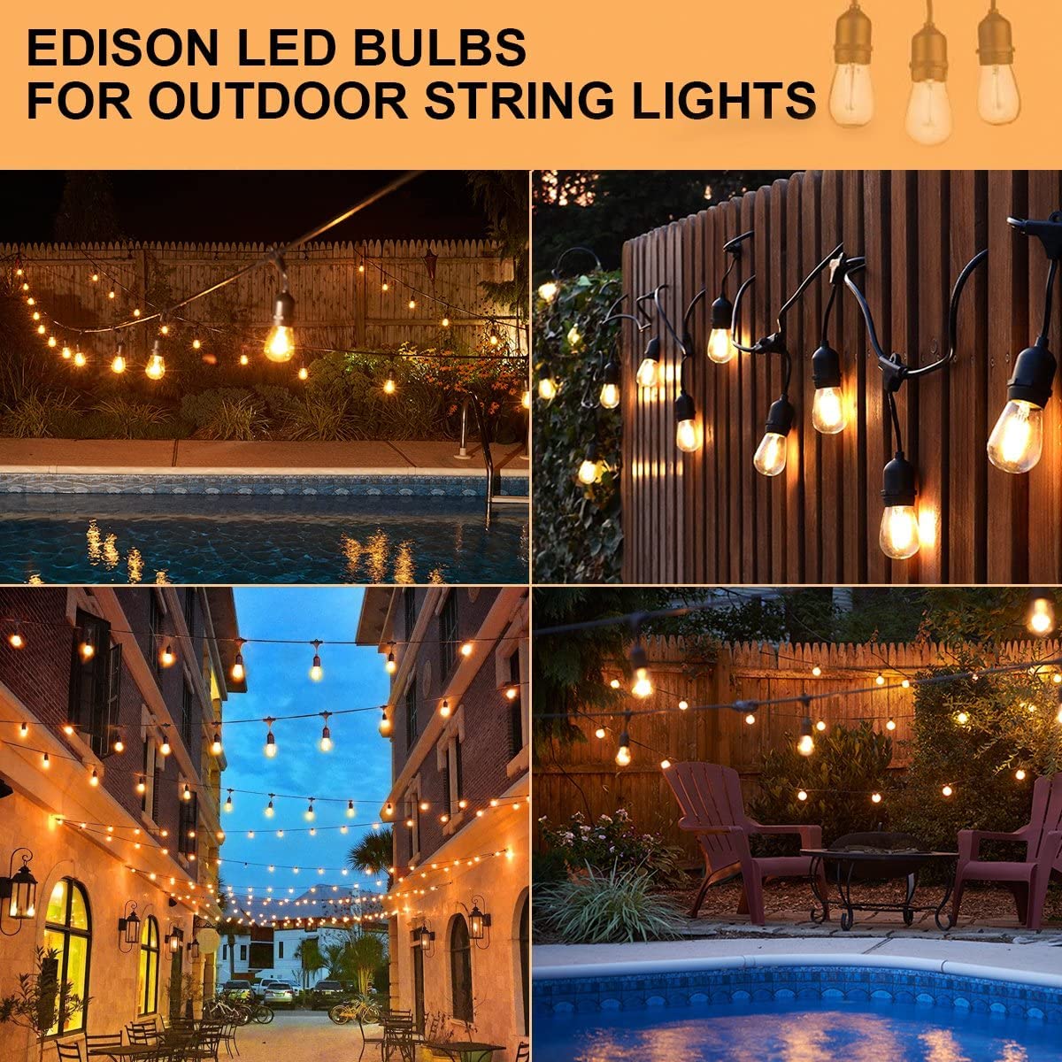 Jasneniebo 15 Pack LED S14 Replacement Light Bulbs, Dimmable Shatterproof 2W Outdoor String Light Bulbs Equivalent to 11-25 watt, E26 Medium Base, Warm White