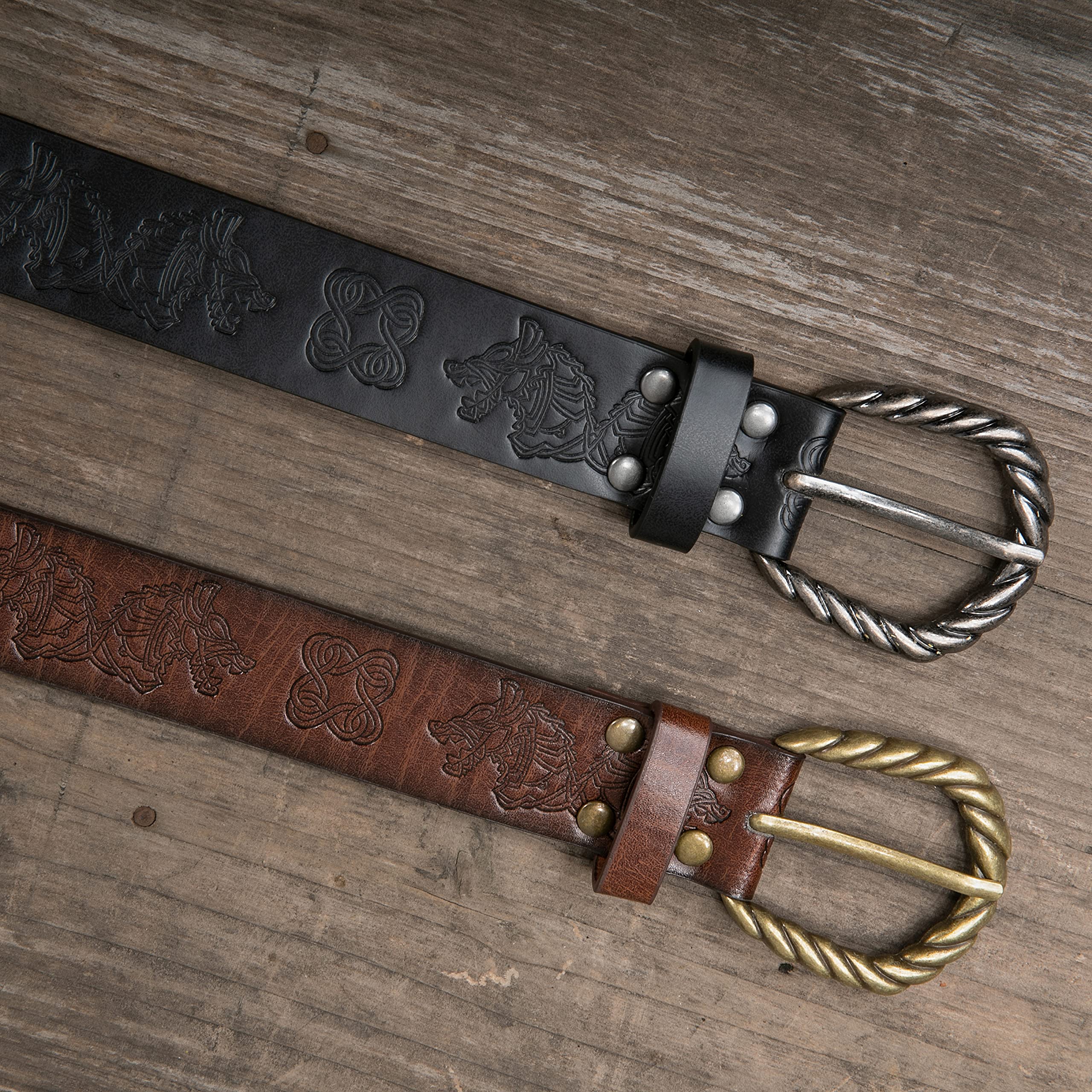 HiiFeuer Viking Fenrir Embossed Faux Leather Buckle Belt, Medieval Knight Belt (Black)