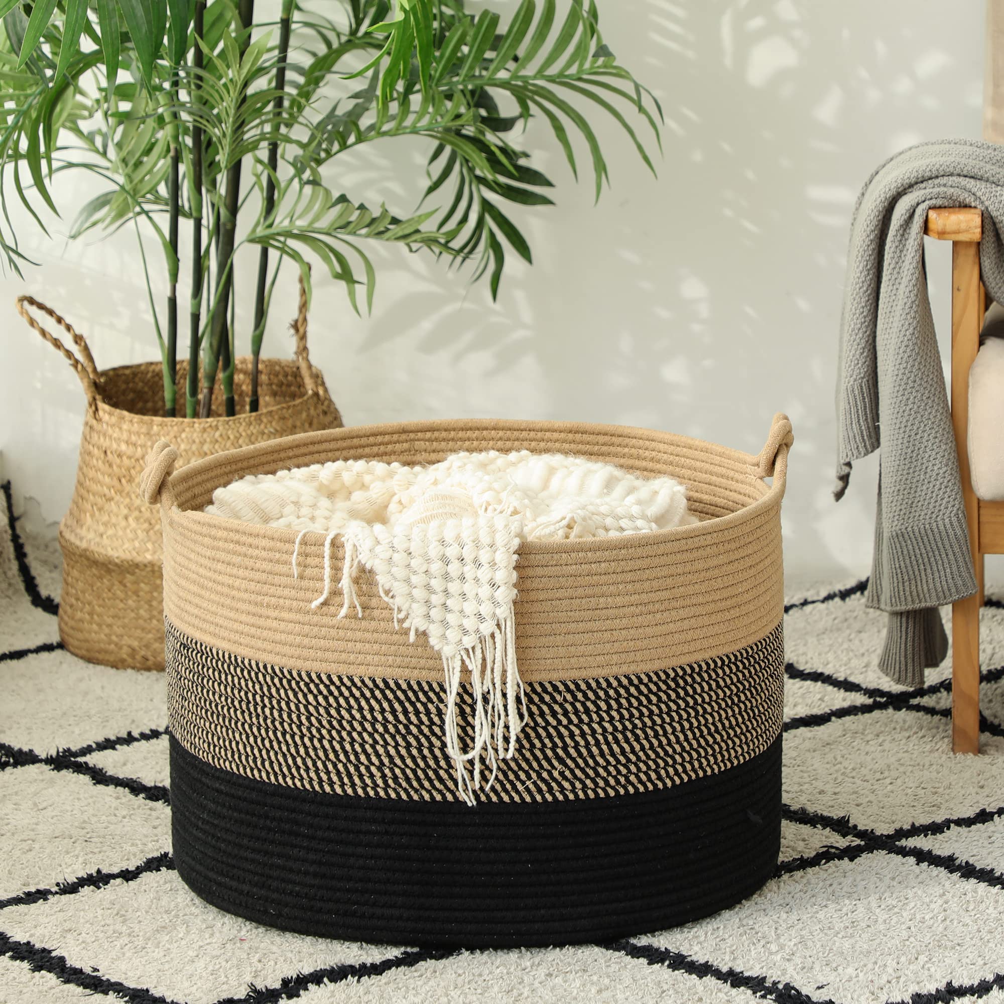 KAKAMAY Large Cotton Rope Blanket Basket (20"x13"),Woven Baby Laundry Hamper,Blanket Basket for Nursery, Laundry, Living Room, Pillows, Toys Dotted Pattern(White)