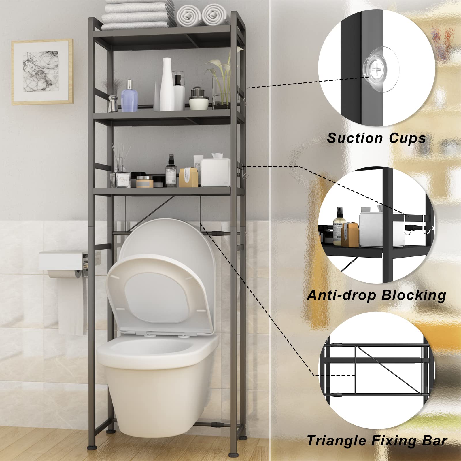 hanvate Over The Toilet Storage Cabinet with 3-Tier Adjustable Shelf, Carbon Steel Over Toilet Bathroom Organizer Rack with 3 Hooks, Space-Saving for Bathroom/Restroom/Laundry