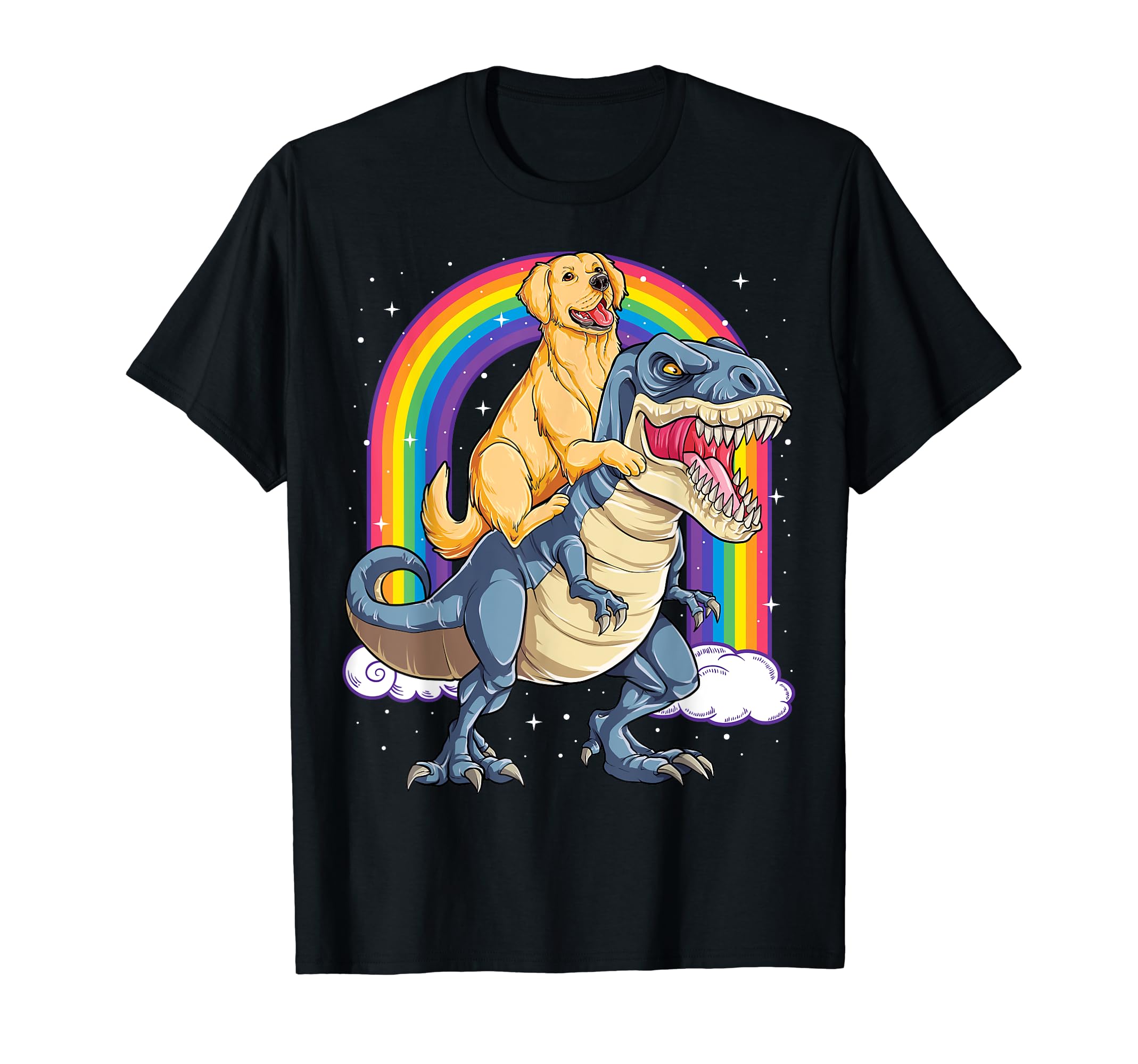 Golden Retriever Riding Dinosaur T rex Gifts Boys Rainbow T-Shirt