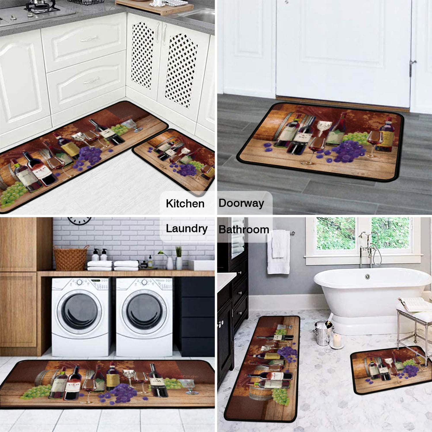 Kitchen Rugs and Mats Non Skid Washable-Fuoxowk Wine Decor Themed Kitchen Mat and Rug Set,Floor Cushion Waterproof Rug,Rubber Backed Area Rugs for Kitchen Sink,Laundry Room,Indoor Floor,Brown Burgundy