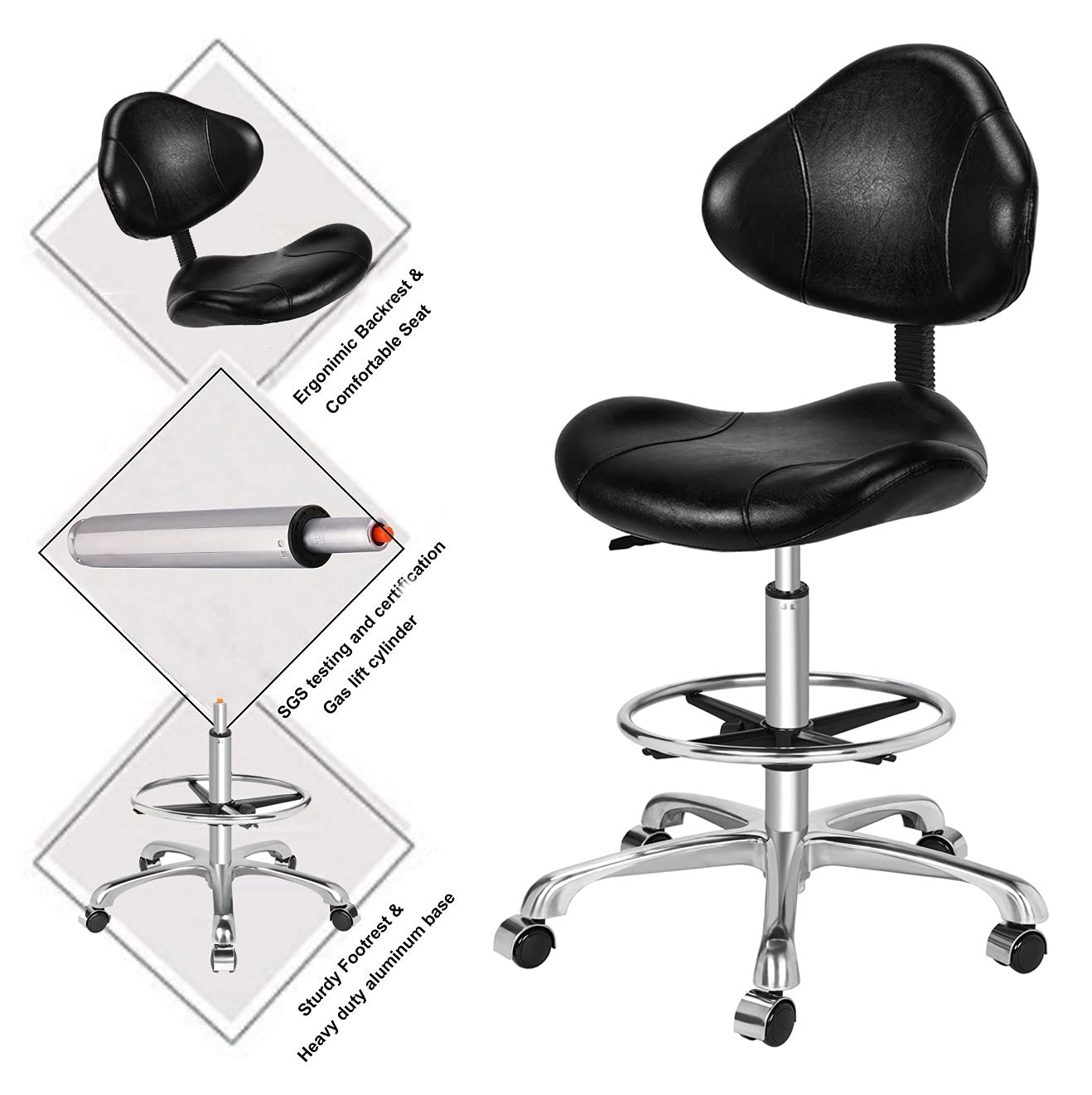 Kaleurrier Ergonomic Drafting Chair with Back Support,Multi-Functional Height Adjustable Swivel Rolling Stool,Multi-Purpose Home Office Desk Chair (White)