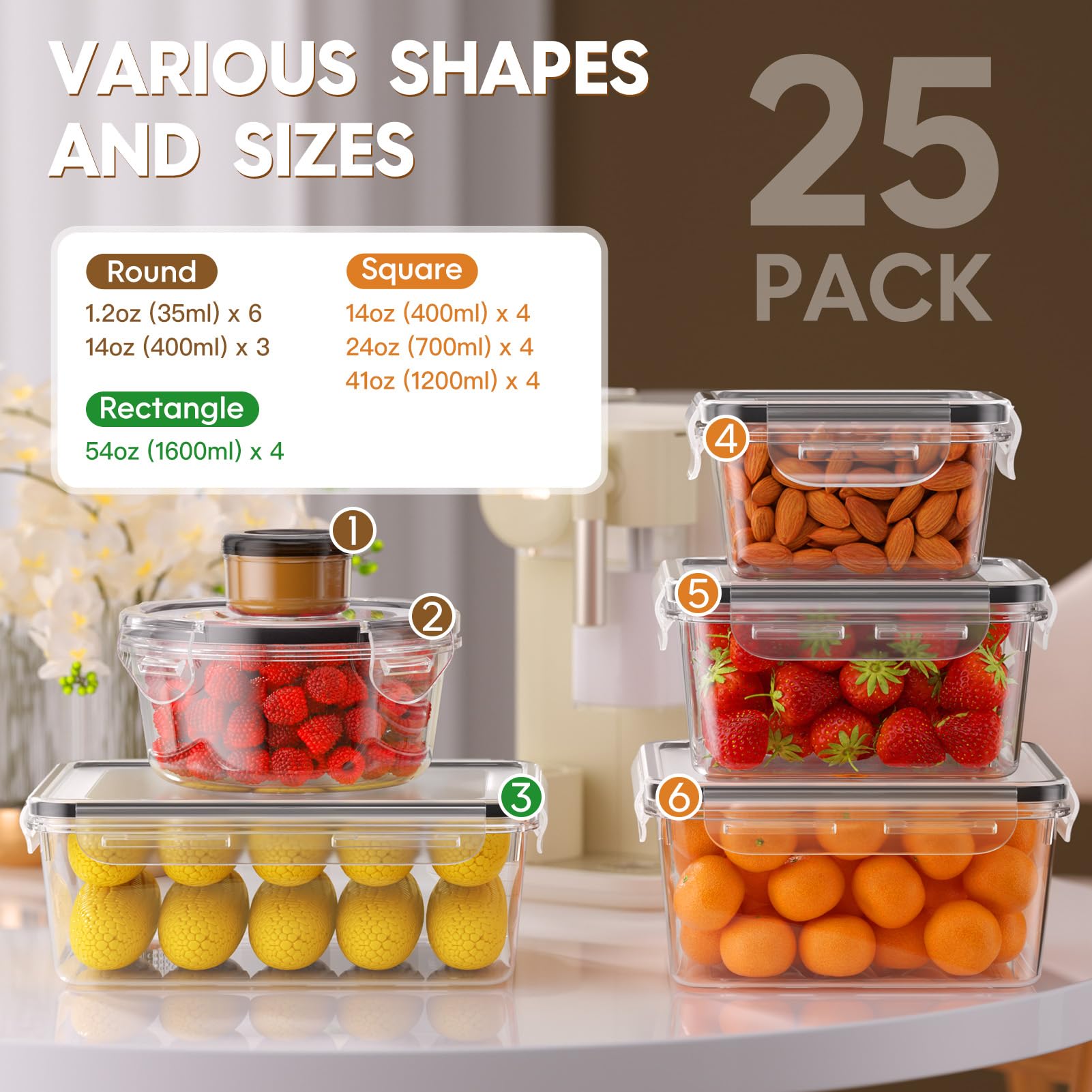 KEMETHY 50 PCS Food Storage Containers with Lids Airtight, Extra Large to Small Containers-Total 581.2oz, Kitchen Organization, Stackable, BPA-Free, Leak-Proof, Labels & Marker Pen
