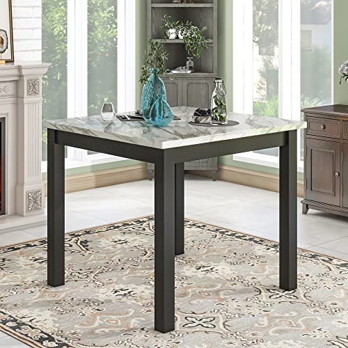 WOZNLA Room 5-Piece Counter Height Dining Set, Square Faux Marble Table with 4 Comfortable Upholstered Chairs, Small Family Kitchen Gathering, Blue