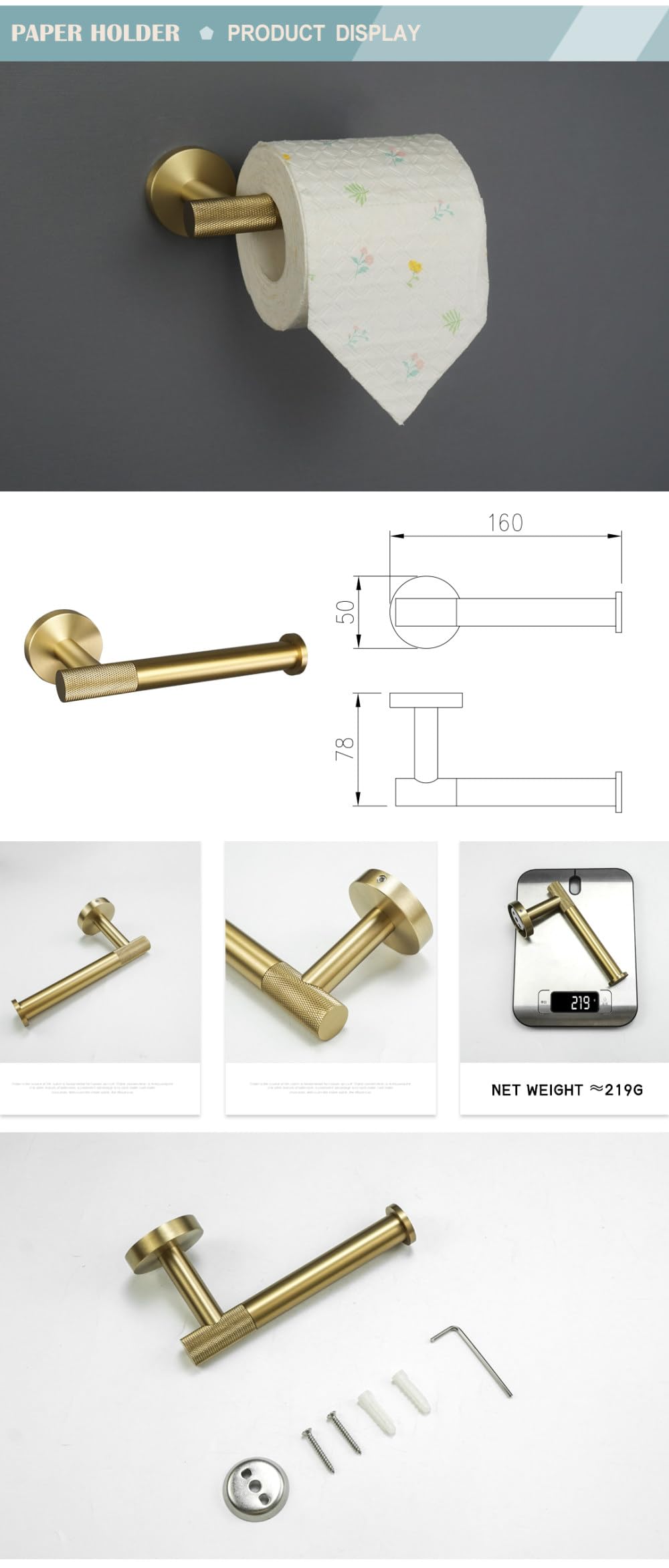 Golden Towel Rack Towel Bar Ring Brushed Gold Hardware Set Robe Coat Hook Toilet Tissue Paper Holder Bathroom Accessories Kit,2 PCS Robe Hook