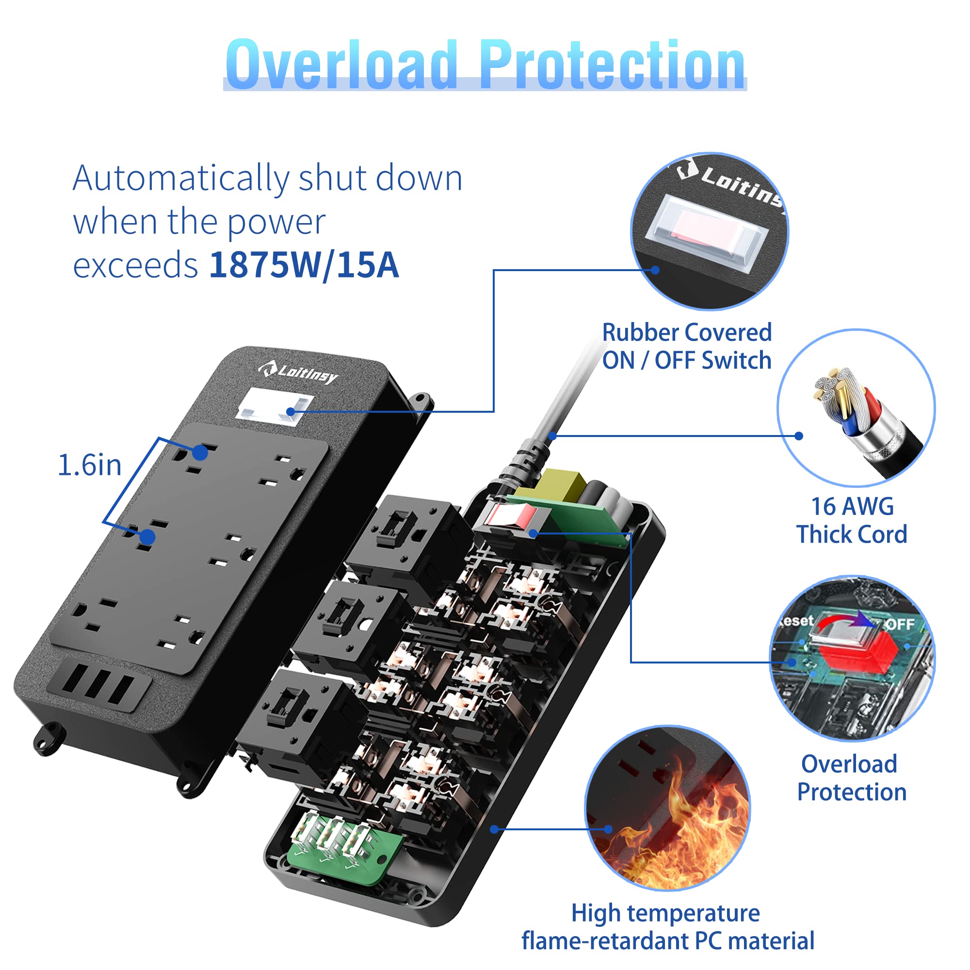 Outdoor Power Strip Weatherproof, 6 Outlets Waterproof Surge Protector with 3 USB Ports, 6 FT Extension Cord, Shockproof Overload Protection, Wall Mountable for Home Office Patio Porch (Black)