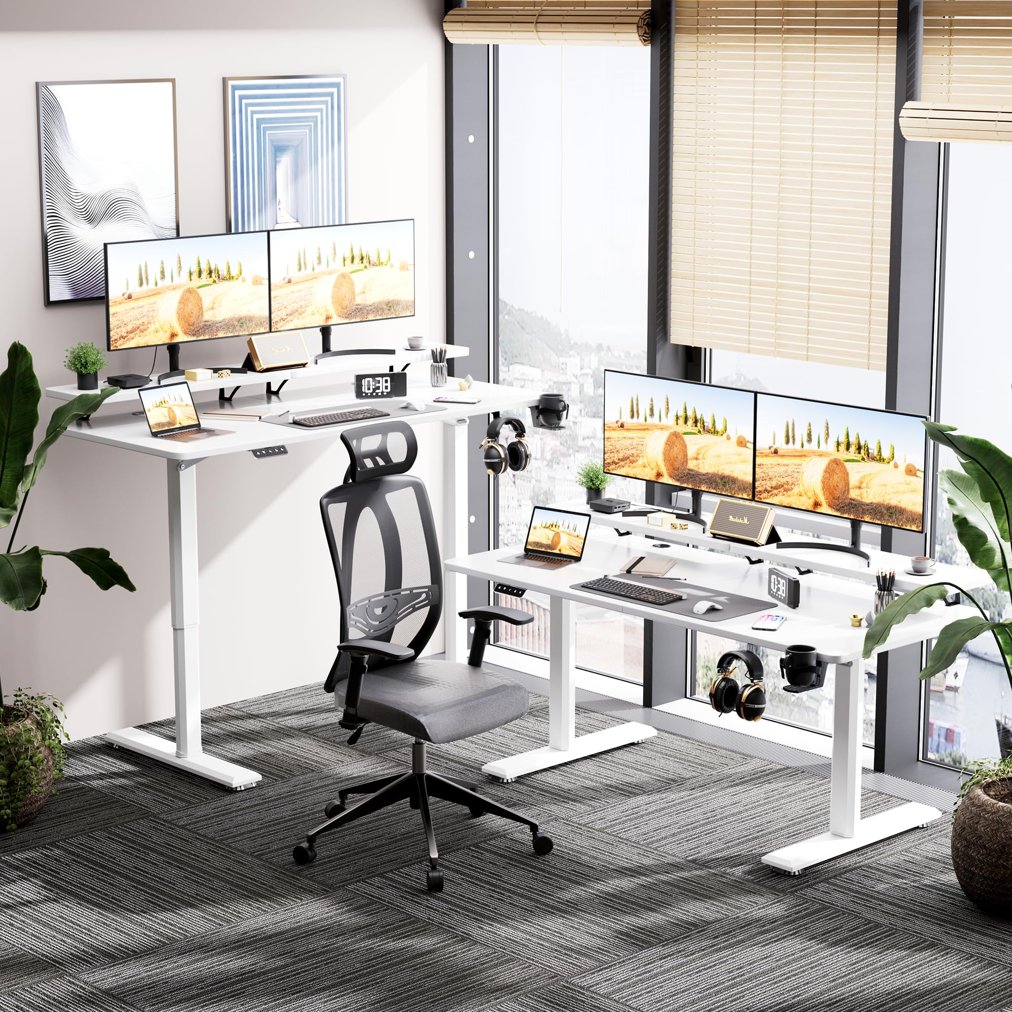 Kemon Electric Standing Desk with Monitor Stand, 55 x 24 Inch Height Adjustable Sit Stand up Desk, Home Office Computer Workstation with Cup Holder and Hook, Stand Table for Work, Carbon Black