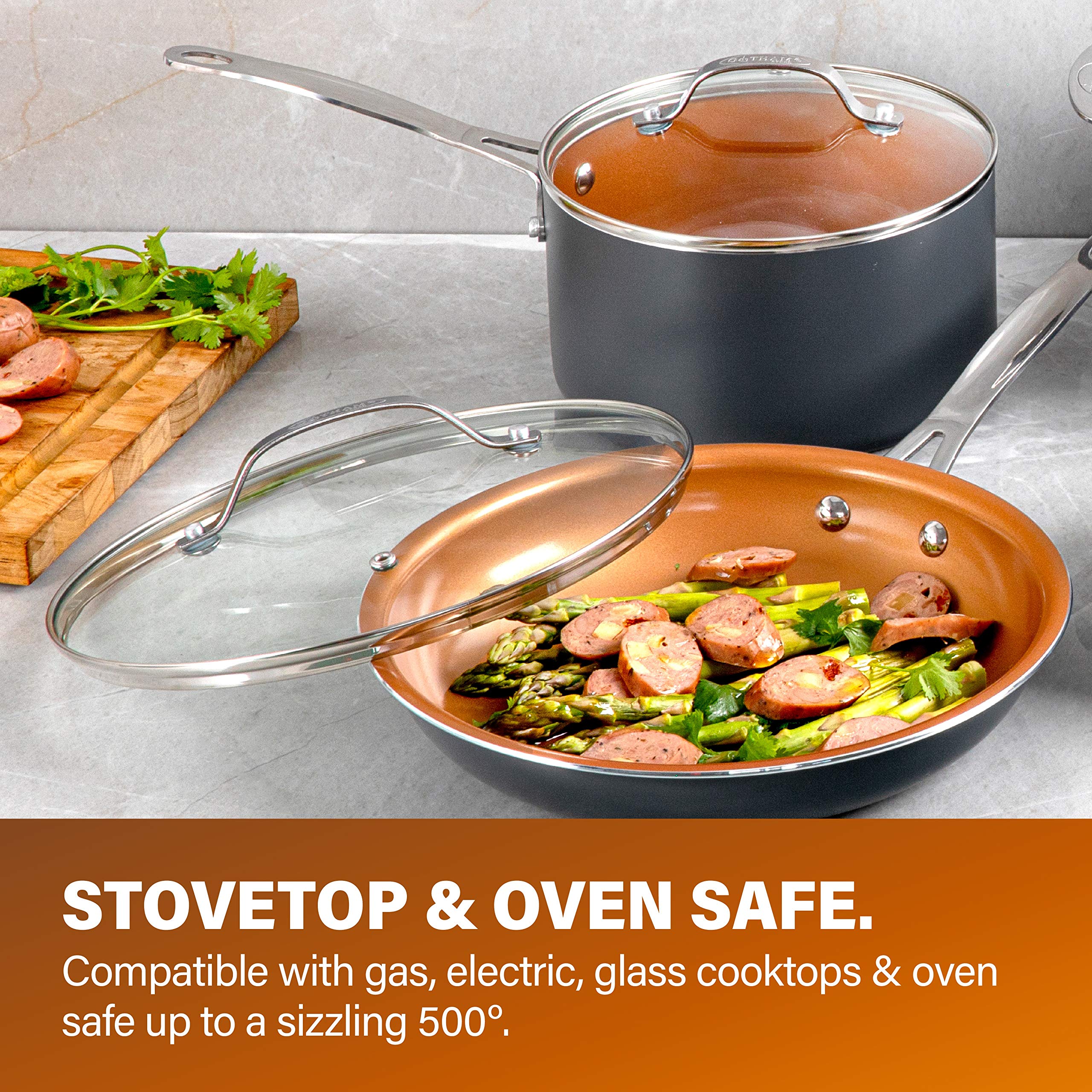 Gotham Steel 10 Piece Pots and Pans Set & Dishwasher Safe, 100% PFOA Free & 5 Piece Kitchen Essentials Cookware Set, Original