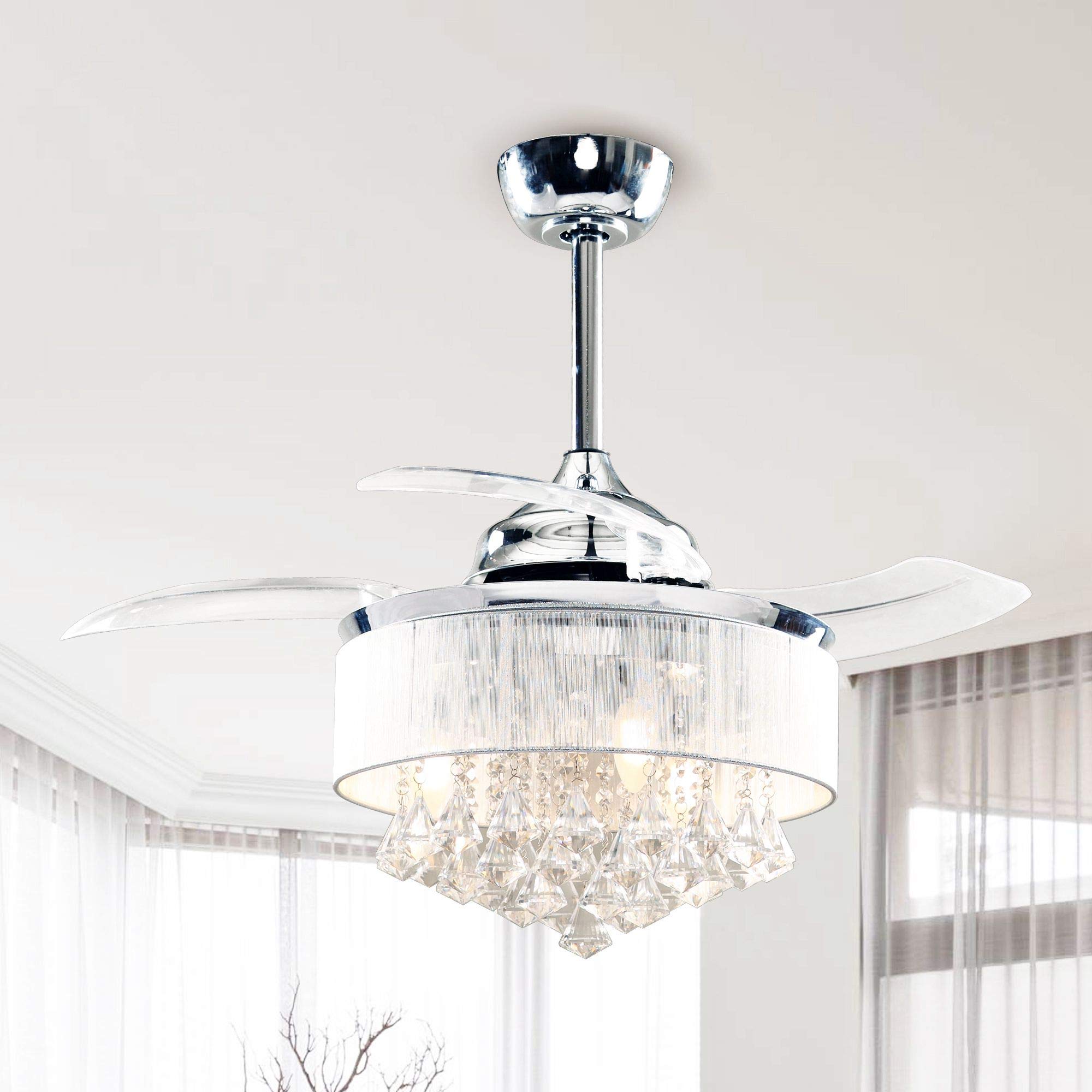 Hall of Lamp Ceiling Fan with Light and Remote 36 Inch Modern Crystal Ceiling Fan with 3 Retractable Blades, 3 Lights Not Included