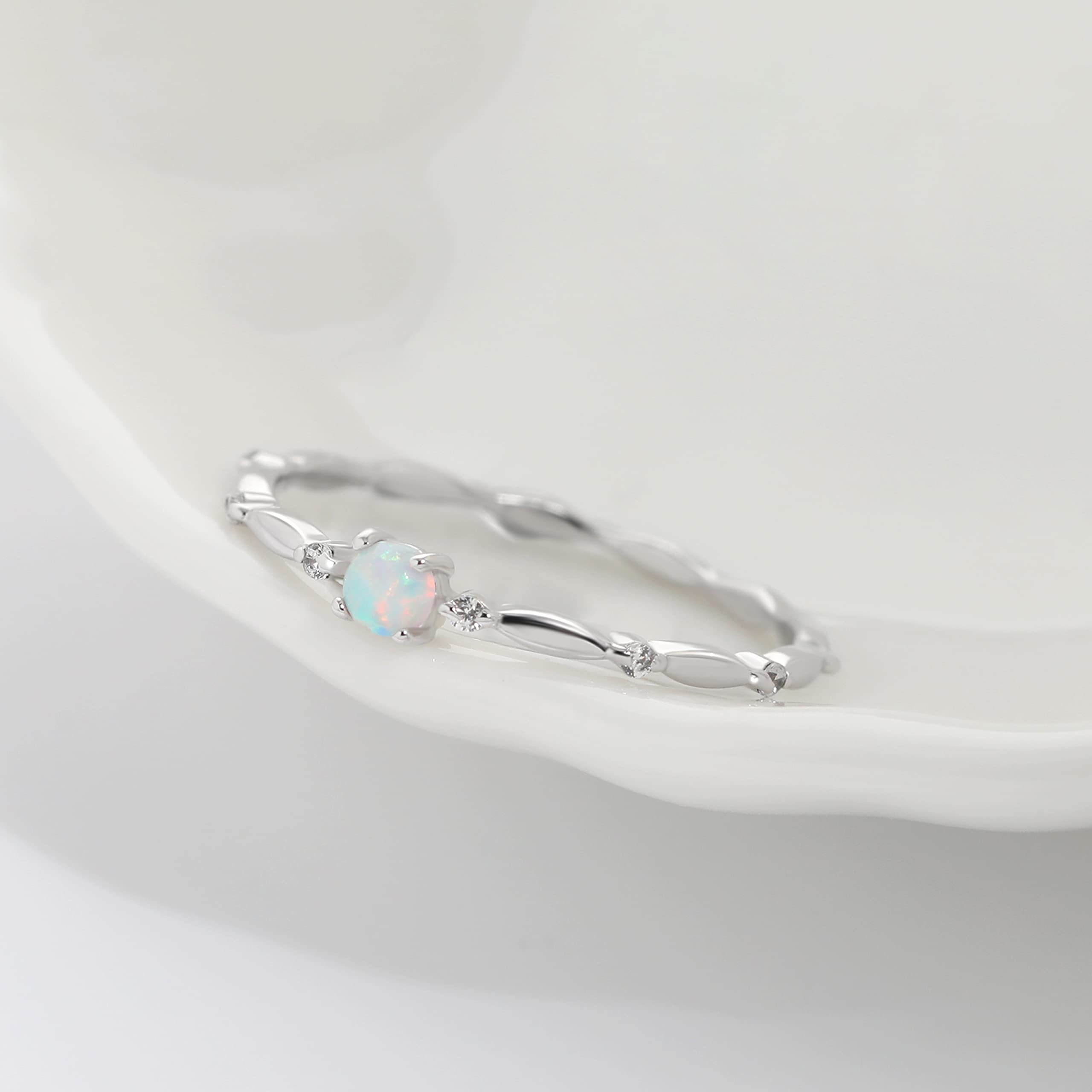 Meissa Sterling Silver Opal Ring for Women White Fire Opal October Birthstone Dainty Minimalist Stackable Ring Gold Promise Ring Size 5-8 (Silver, 7)