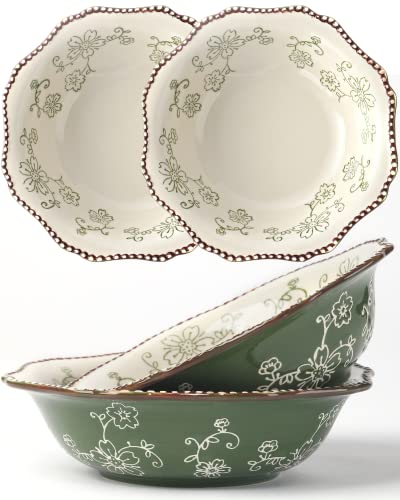 KUNABOO Artisanal Ceramic Soup Bowl, Dinner Bowls Ceramic, Dinner Bowls Set of 4-14 oz - Sakura Floral Series Pine Green - Ready to Wrap Gift