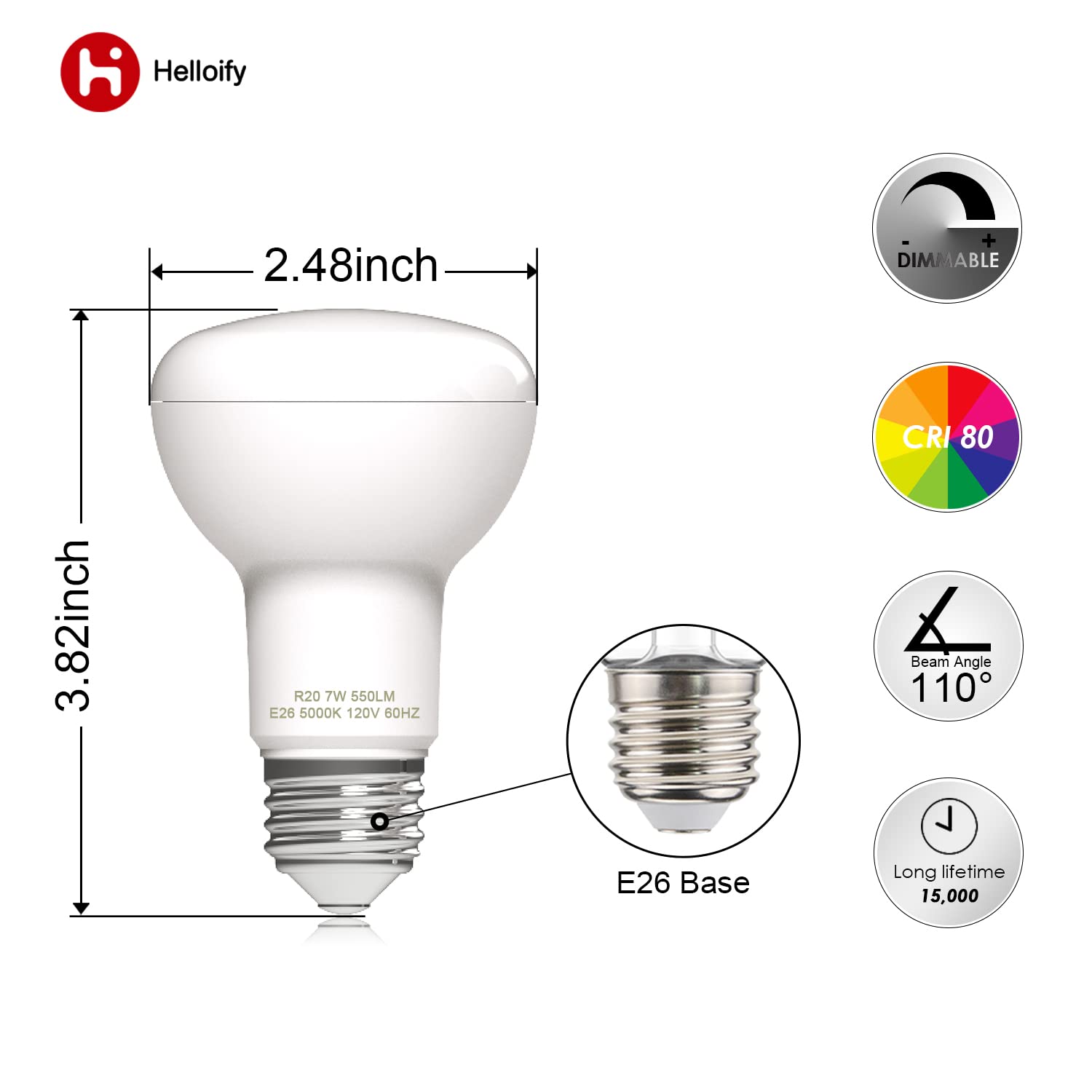 helloify Dimmable R20/BR20 LED Flood Light Bulb, 7W, 50W Equivalent, 5000K Daylight White, 600lm Each, Energy Saving Lamp for Office/Home, E26 Screw Base, 6 Count (Pack of 1)
