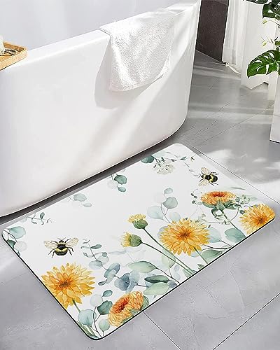 Watercolor Flowers Bath Mat for Tub,Non Slip Bathroom Floor Runner Rug Quick Dry & Absorbent Diatomaceous Earth Kitchen Shower Sink Washable Doormat,Eucalyptus Leaves Flower Botanical Plant 16"x24"