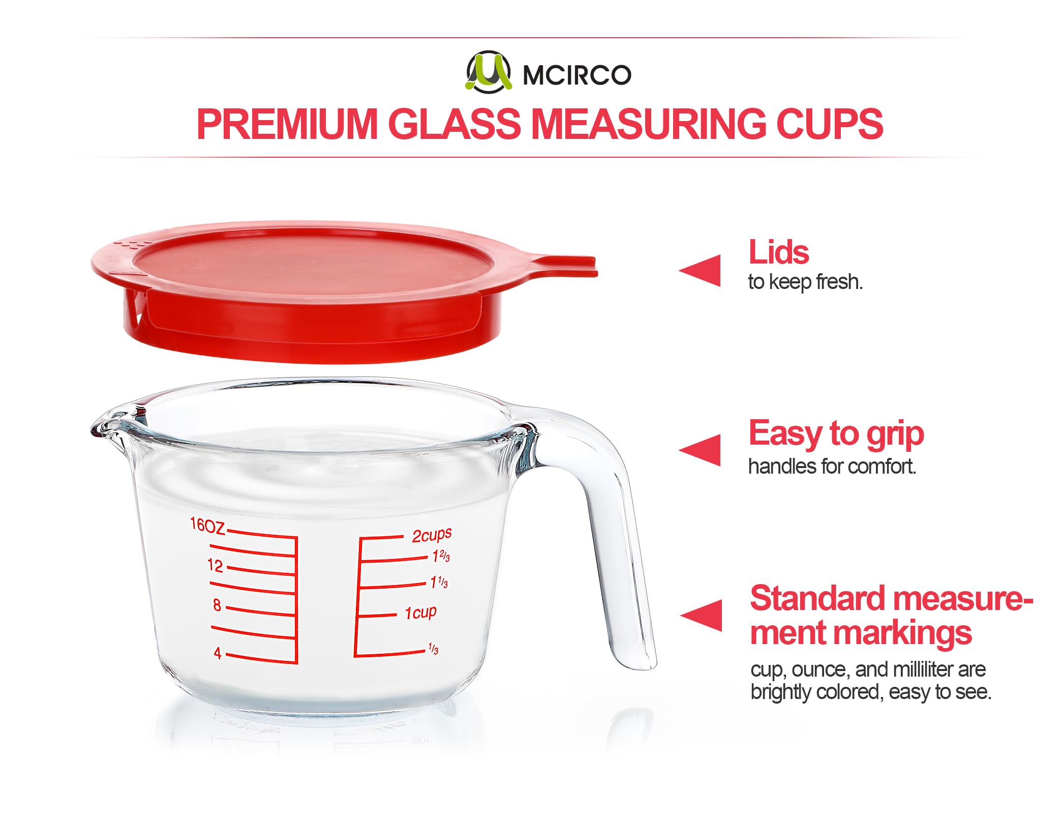 M MCIRCO 6 Pcs Glass Measuring Cups with Lids Set, 1-Cup, 2-Cup, 4-Cup Measuring Jugs with Handle, Nesting Liquid Measuring Cups for Kitchen