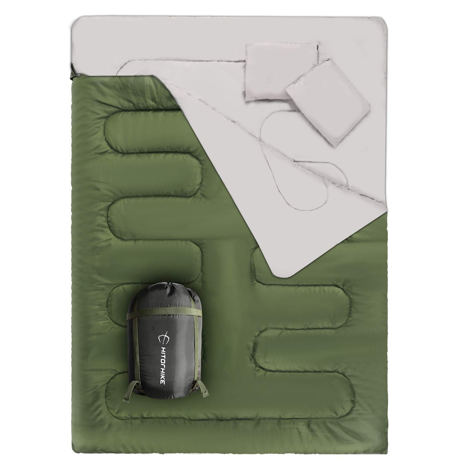 HITORHIKE Double Sleeping Bag for Adults 2 Person Backpacking Sleeping Bag with 2 Pillows 32°F Cold Weather Waterproof Sleeping Bag for Camping, Traveling, Outdoors (Green)