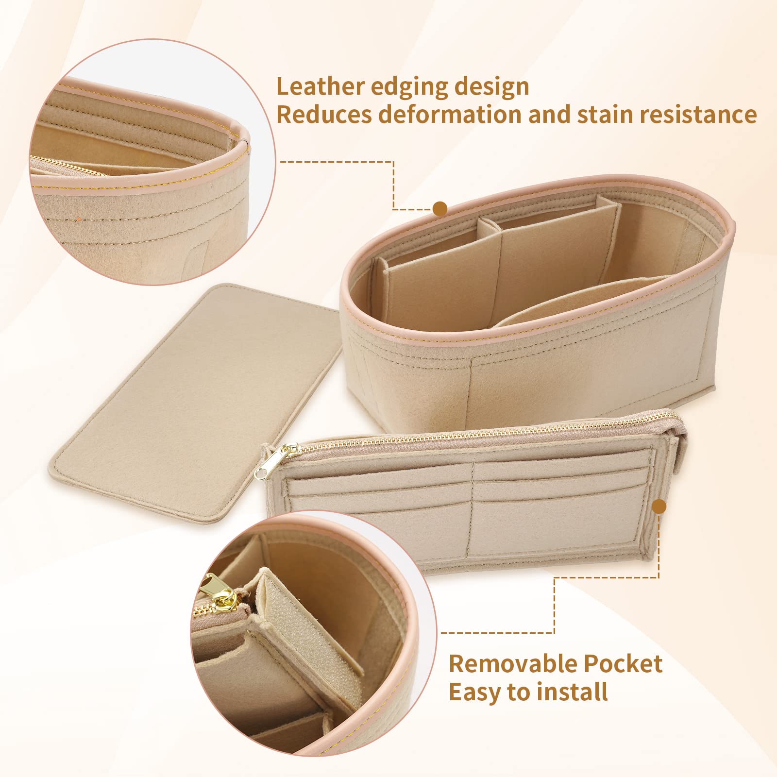 LOUKAYCCI Purse Organizer & Base Shaper Fit Speedy 25 & Neverfull PM, Goyards, MK,Longchamps More,Felt Bag Organizer Insert for Handbags with Metal Zipper [Bag in Bag] (Medium, Beige)