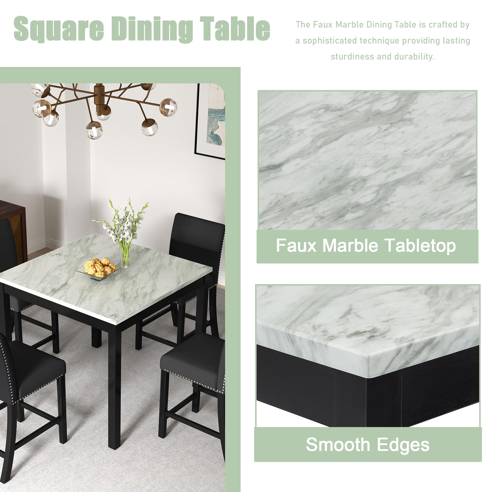 Harper & Bright Designs 5-Piece Counter Height Dining Table Set,Kitchen Table Set with One Faux Marble Dining Table and 4 Upholstered-Seat Chairs for Kitchen and Living Room Furniture,Gray