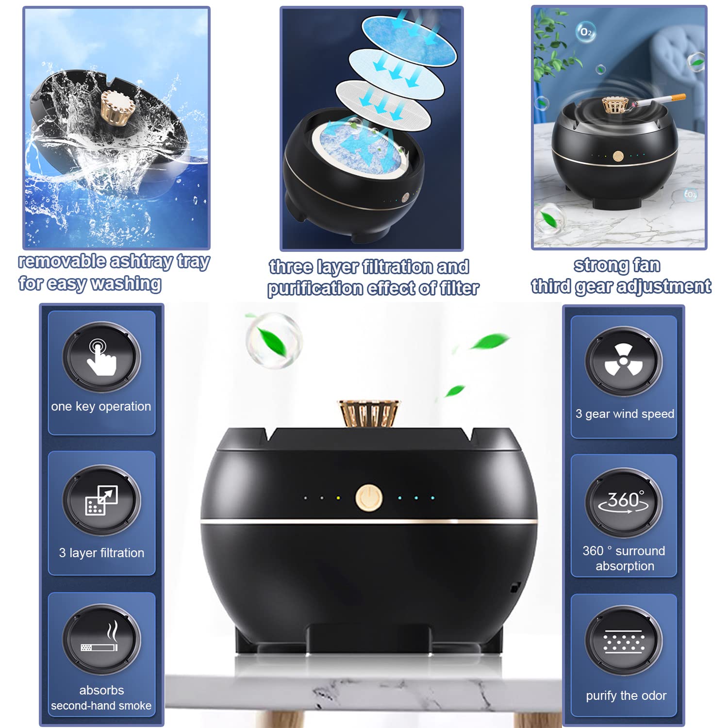 iLeefy 2 in 1 Air Purifier Multifunctional Smokeless Ashtray USB Rechargeable Ash Tray Electronic Ashtray with Filter, Best for Home Office (Black-2)