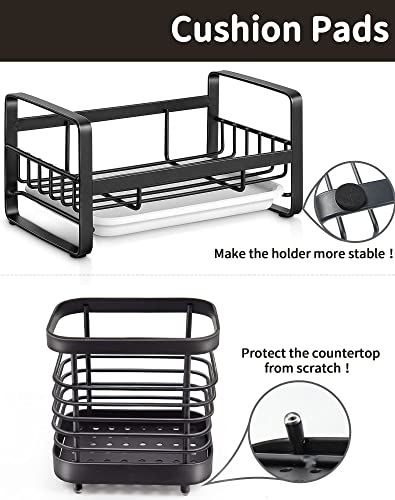 YVMVDV Kitchen Sink Caddy Sponge Holder for Sink, 304 Stainless Steel Sink Caddy Organizer with Drain Pan,Kitchen Organizer Soap Brush Dispenser with Brush Dishrag Holder Rack (Black)