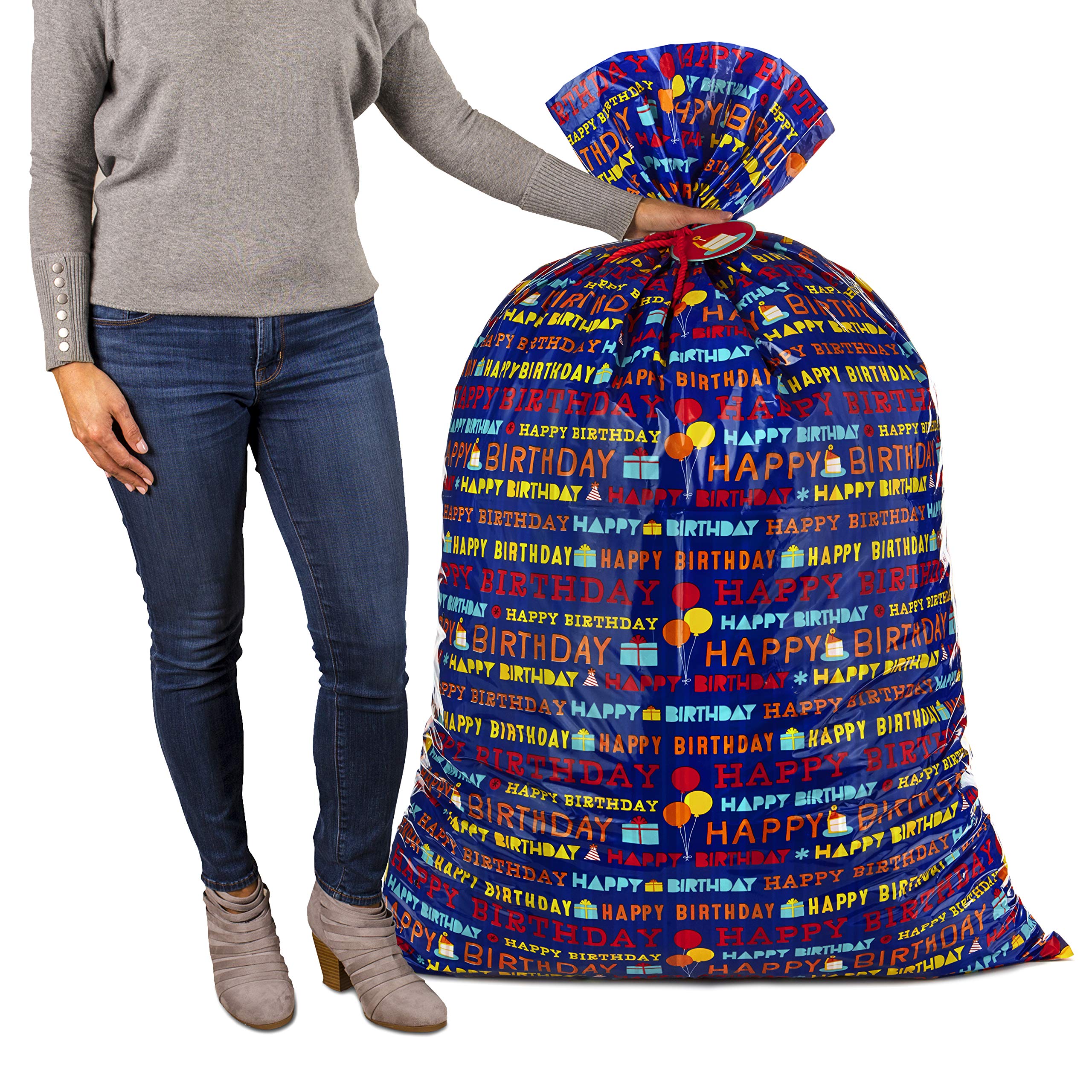 Hallmark 56" Large Plastic Gift Bag (Blue Happy Birthday) for Birthdays, Kids Parties and More