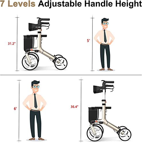 Healconnex Luxury Rollator Walkers for Seniors-Bulit-in Cable Rollator Walker with Seat, 10"Large Wheels,Aluminium Lightweight Senior Walker with Soft Rubber Handle,Padded Seat and Backrest